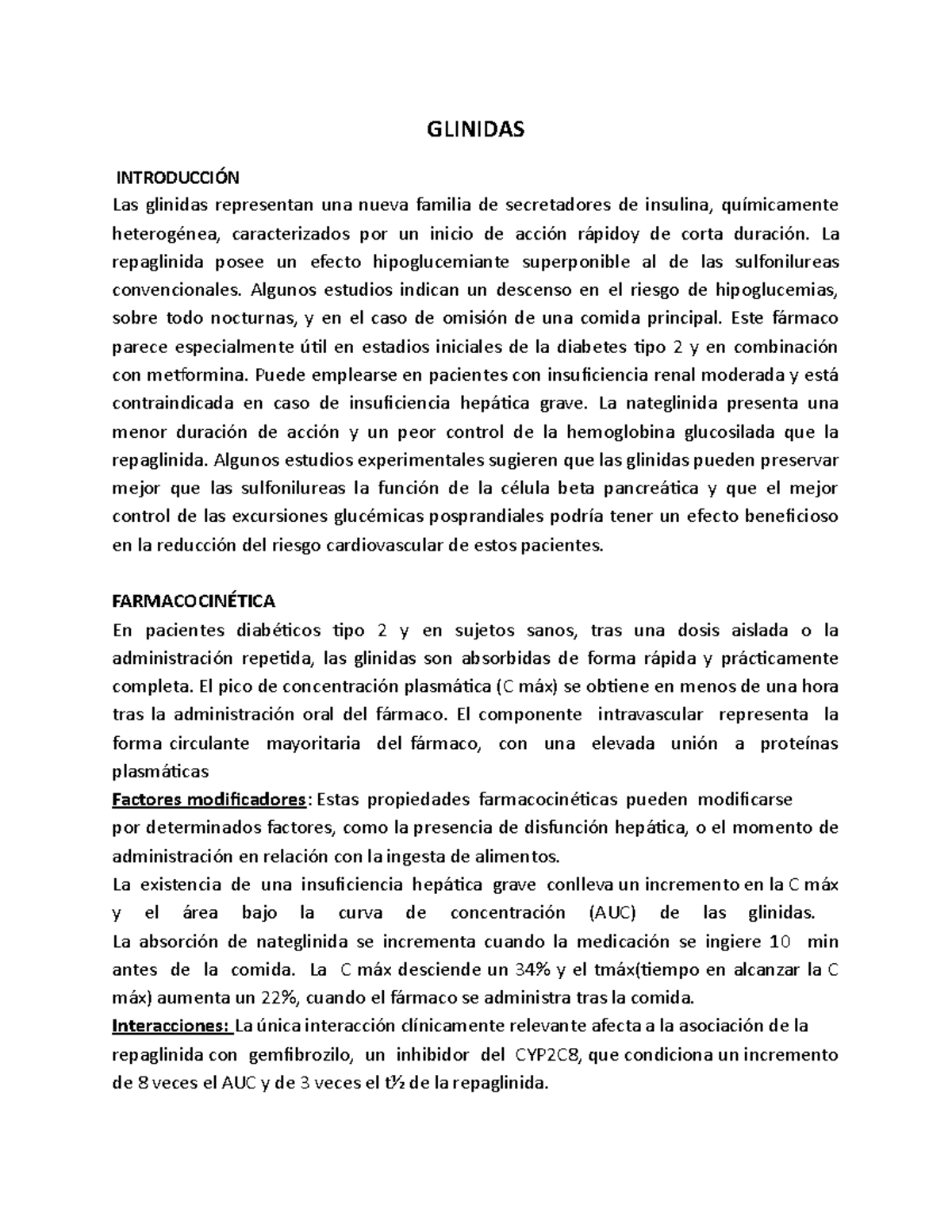 Glinidas: Farmacocinética y Farmacodinamia en Diabetes Tipo 2 - Studocu