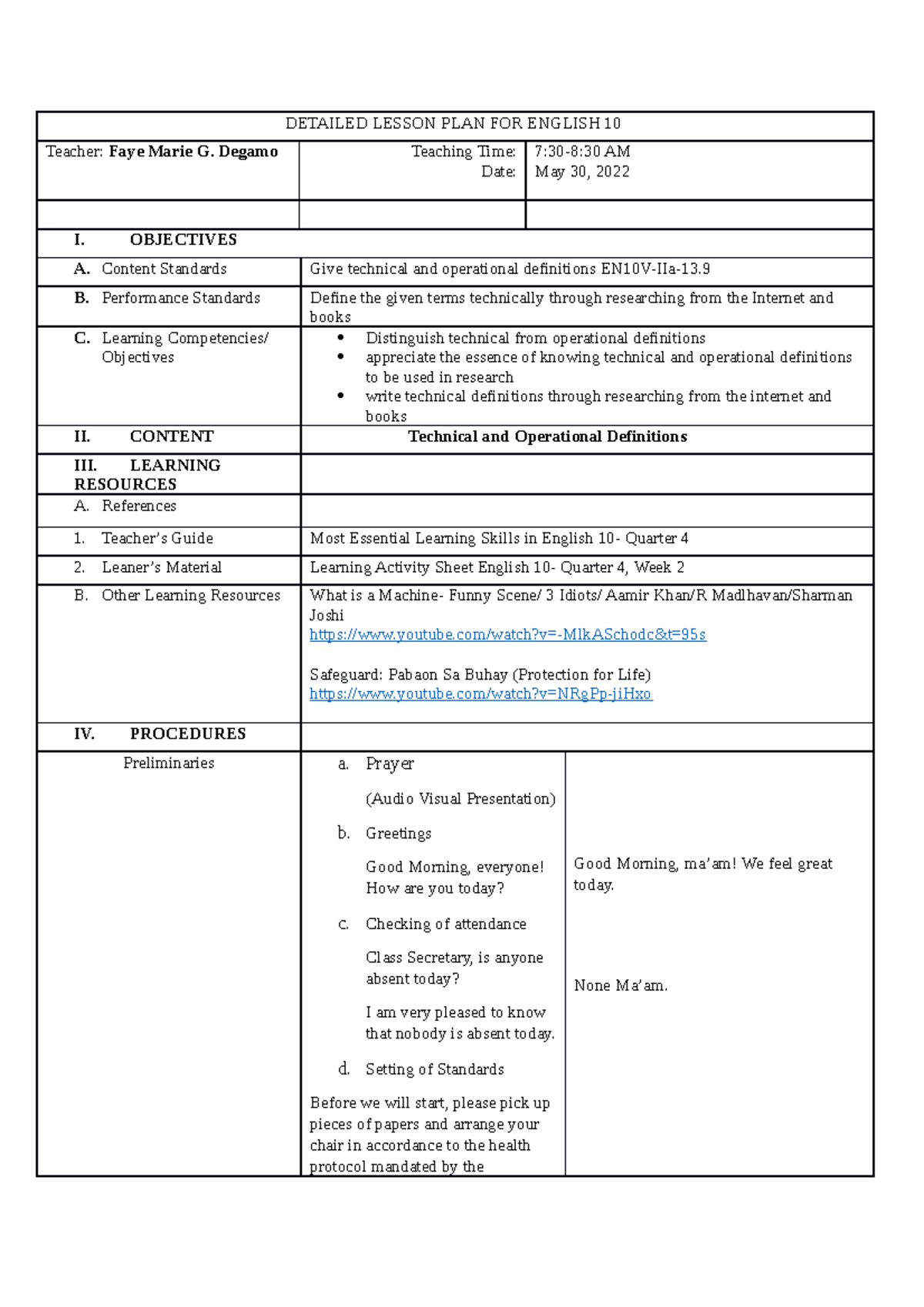 Revised Detailed Lesson Plan for English 10: Technical & Operational ...
