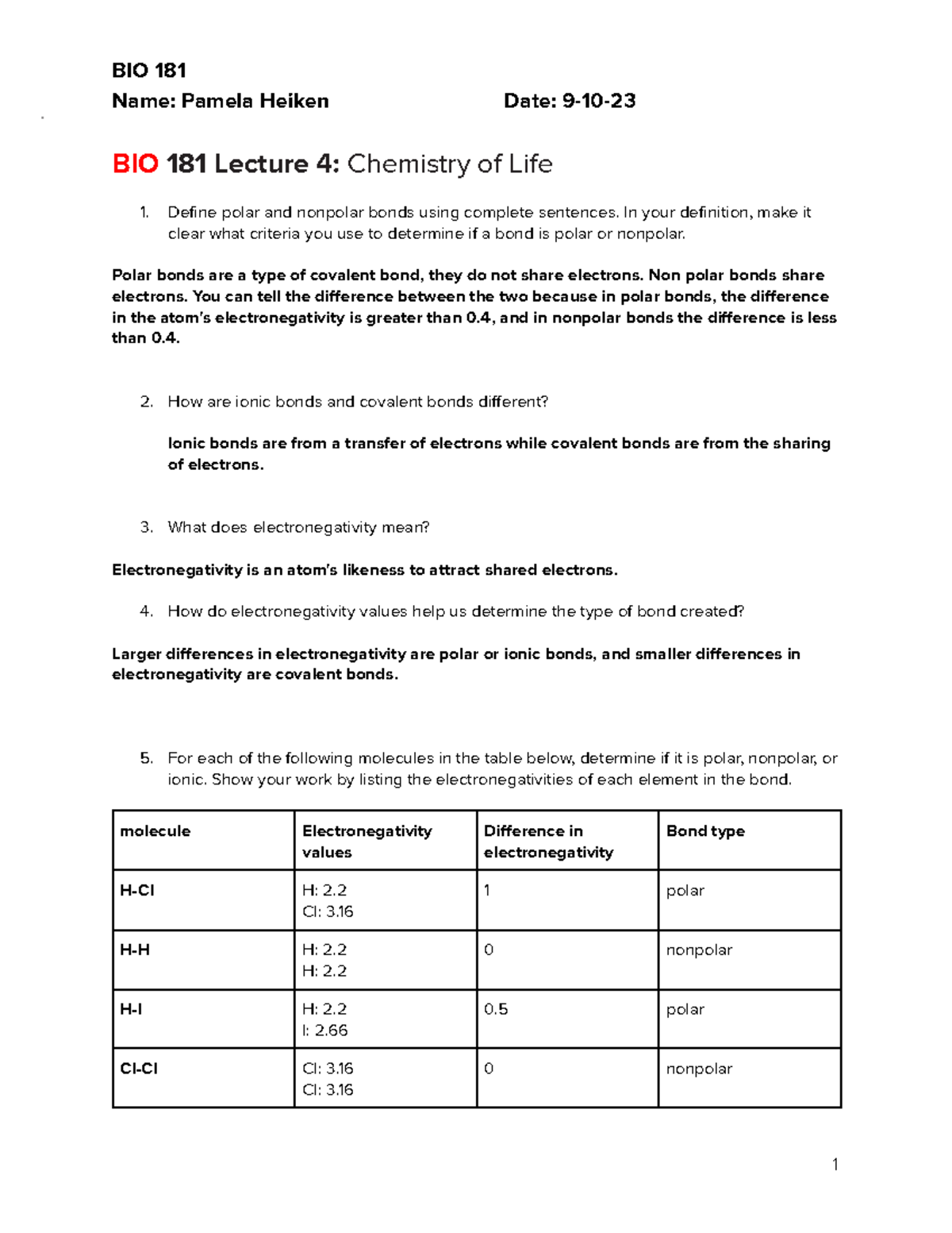 BIO 181 Chemistry of Life In-Class Participation Worksheet Insights ...