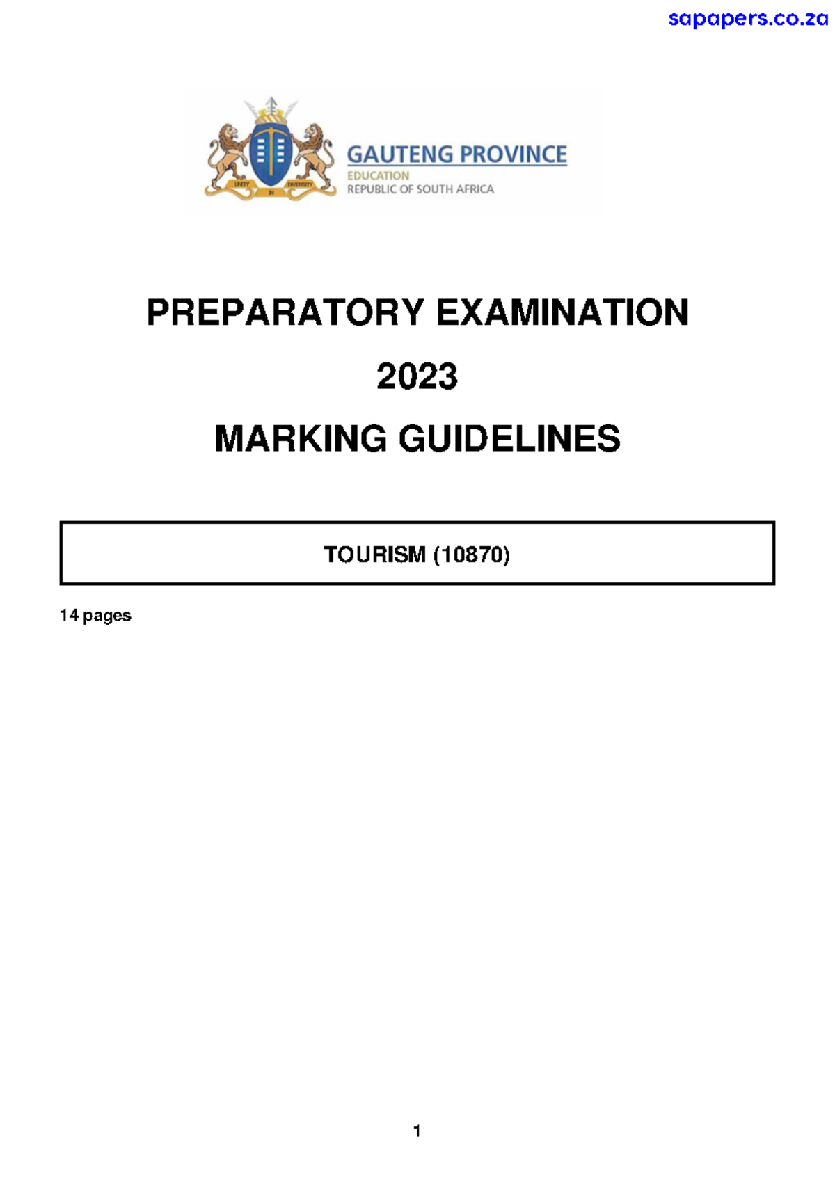 Tourism (10870) 2023 Preparatory Exam Marking Guidelines Memo - Studocu