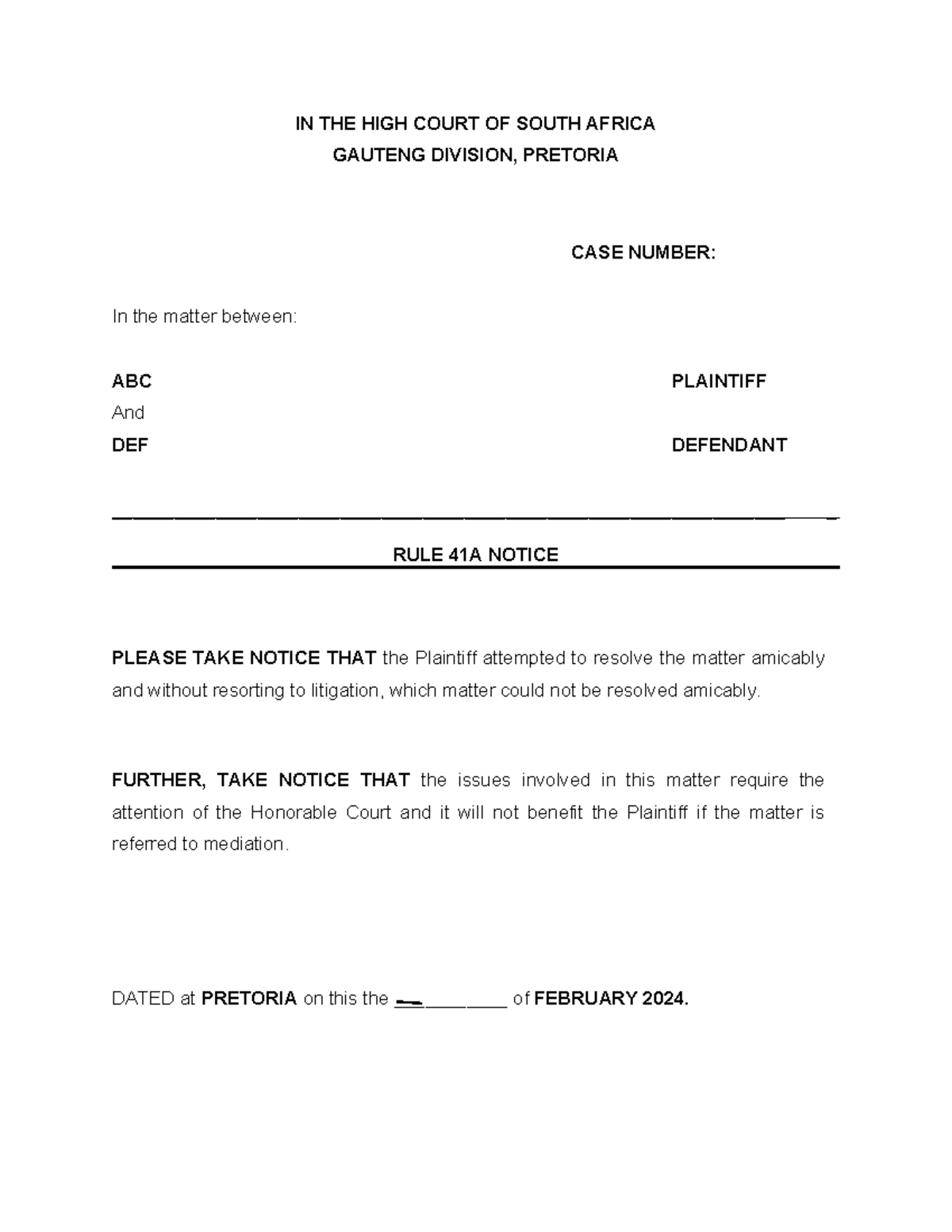Rule 41A Notice to High Court of South Africa - February 2024 - Studocu