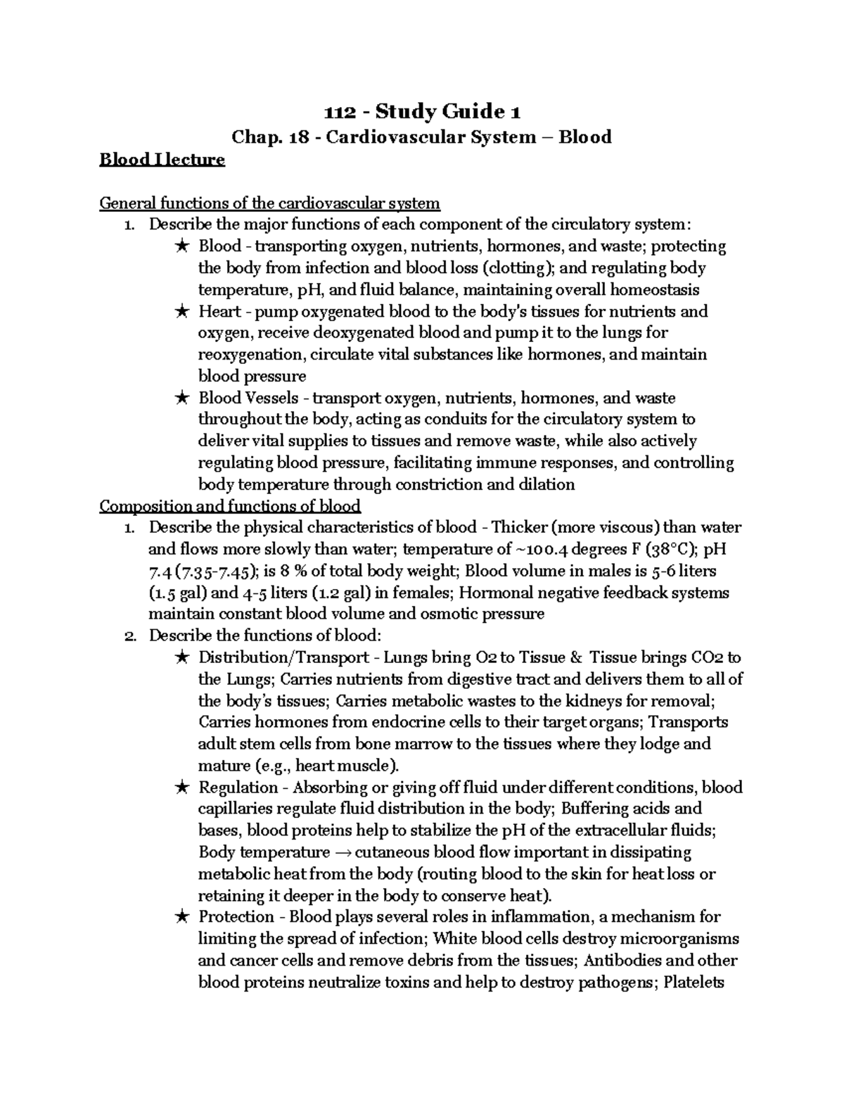 112 - Study Guide 1: Cardiovascular System - Blood - Studocu