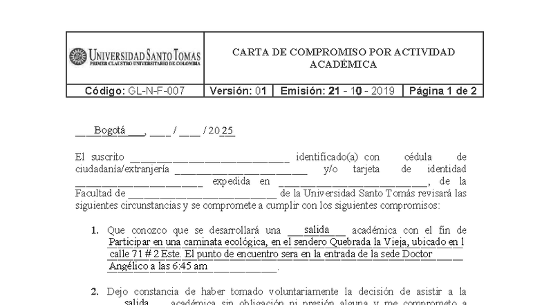 CARTA DE COMPROMISO PARA CAMINATA ECOLÓGICA (M,J,V,S) - Studocu