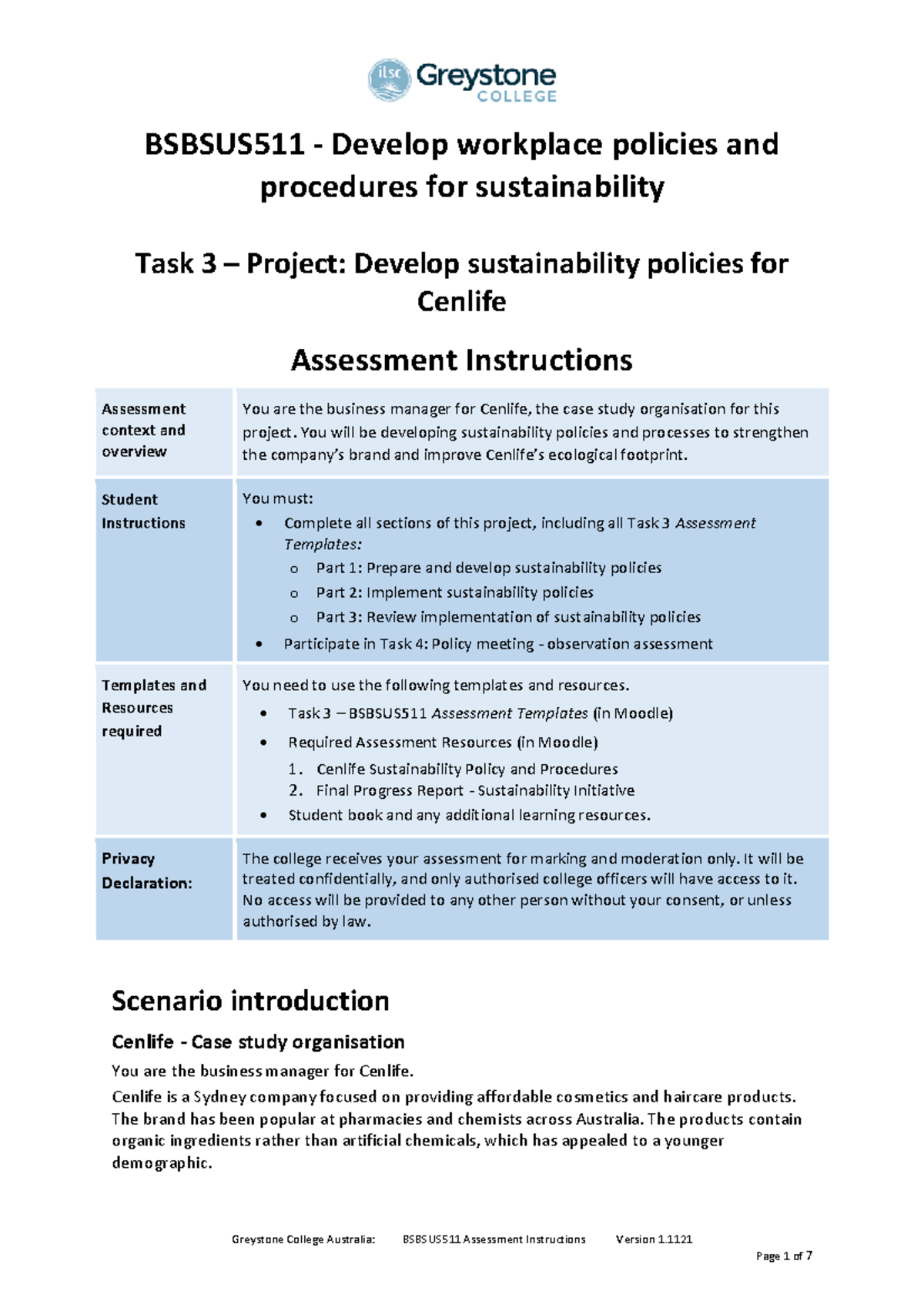 BSBSUS511 Task 3 - Sustainability Policy Development for Cenlife - Studocu