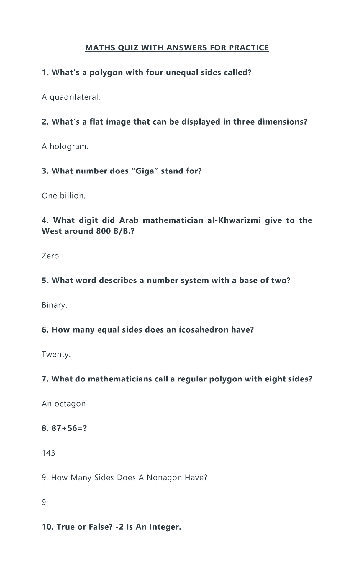 MATH Practice QUIZ AND Answers - MATHS QUIZ WITH ANSWERS FOR PRACTICE ...