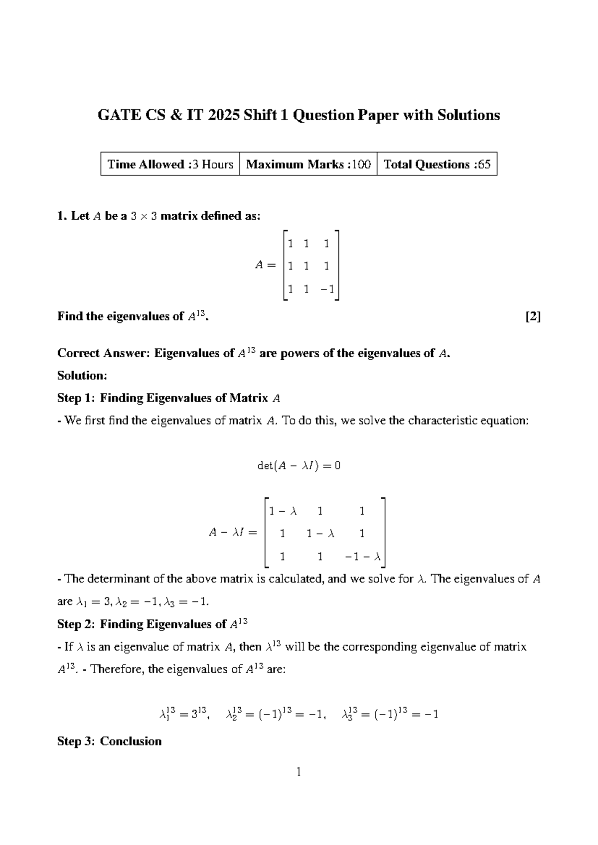 GATE CS & IT 2025 Shift 1 Question Paper with Detailed Solutions - Studocu