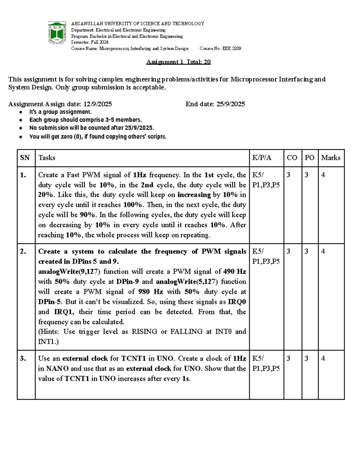 CEP 3209 Assignment: Microprocessor Interfacing Tasks for Fall 2024 - Studocu