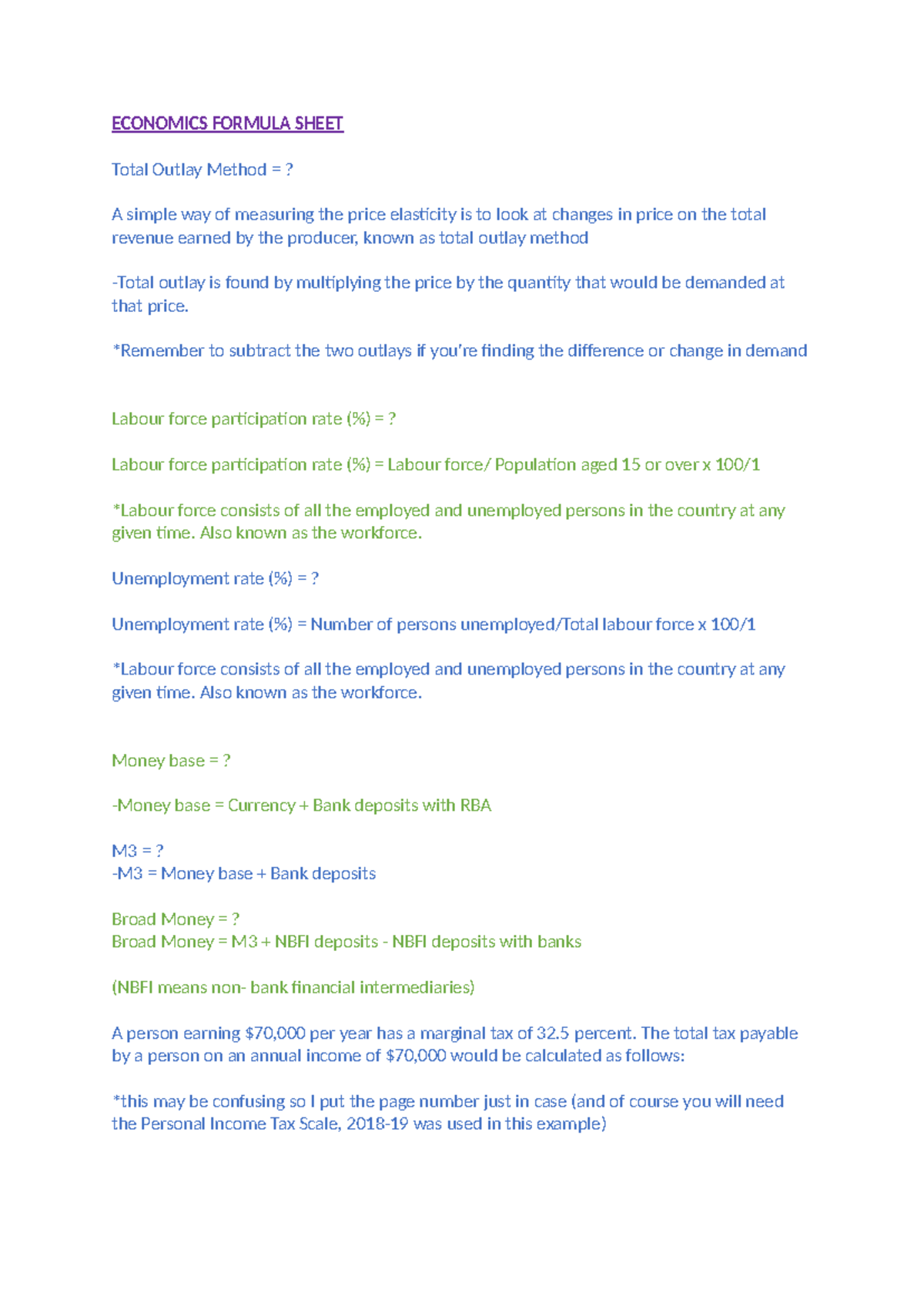 ECON 101: Essential Economics Formula Sheet for Price Elasticity - Studocu