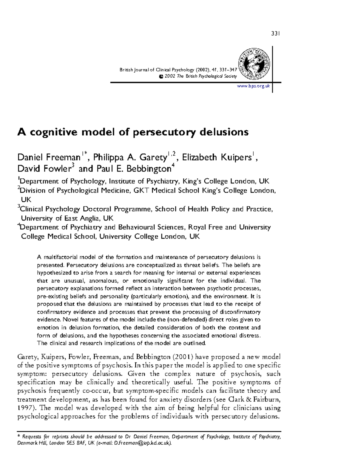A Cognitive Model of Persecutory Delusions - Freeman 331 (2002) - Studocu