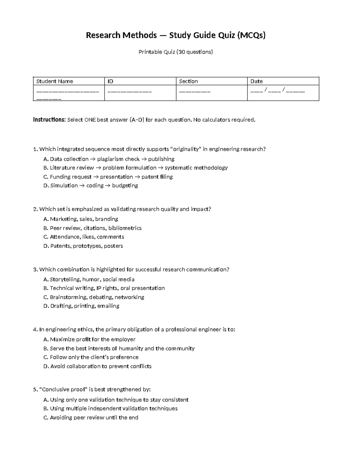 Research Methods (ENG 101) MCQs Study Guide Quiz (30 Questions) - Studocu
