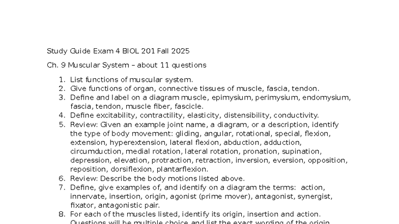 Study Guide for Exam 4: BIOL 201 Muscular & Nervous Systems - Studocu