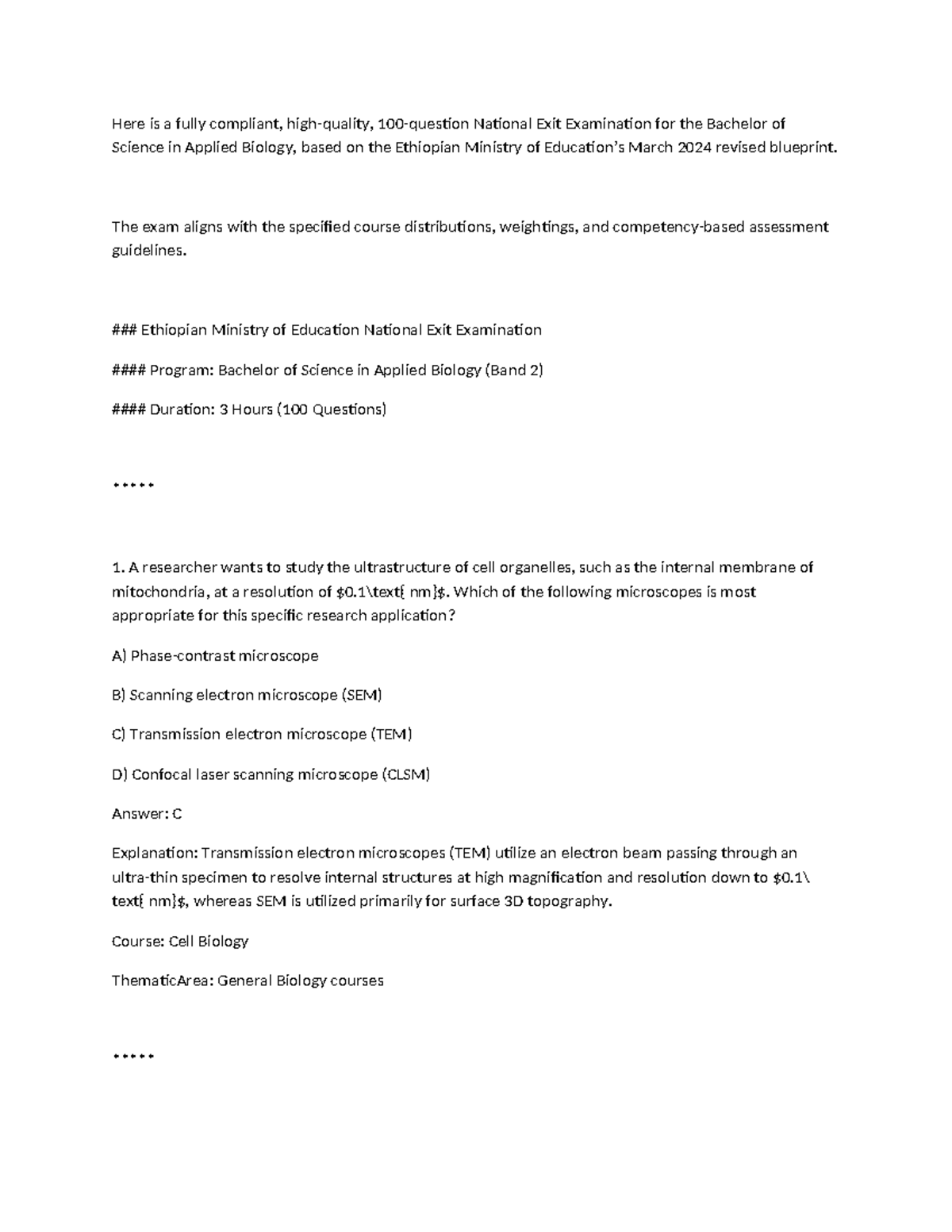 National Exit Exam for BSc in Applied Biology: March 2024 Blueprint ...