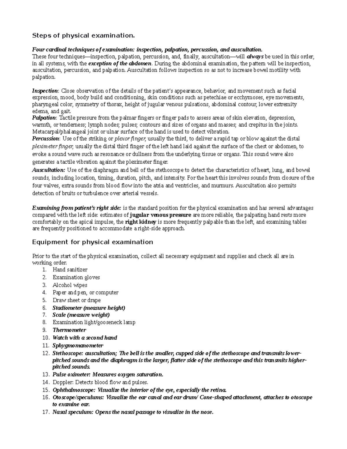 Assessment midterm - Steps of physical examination. Four cardinal ...