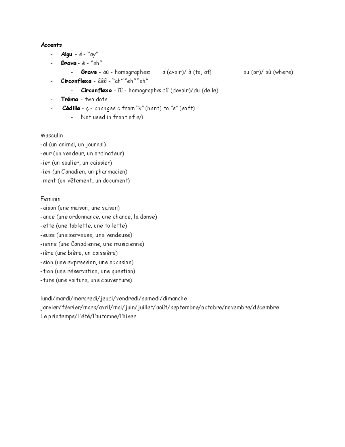 French 1004 - Quick Rote Memory Notes on Accents and Grammar - Studocu