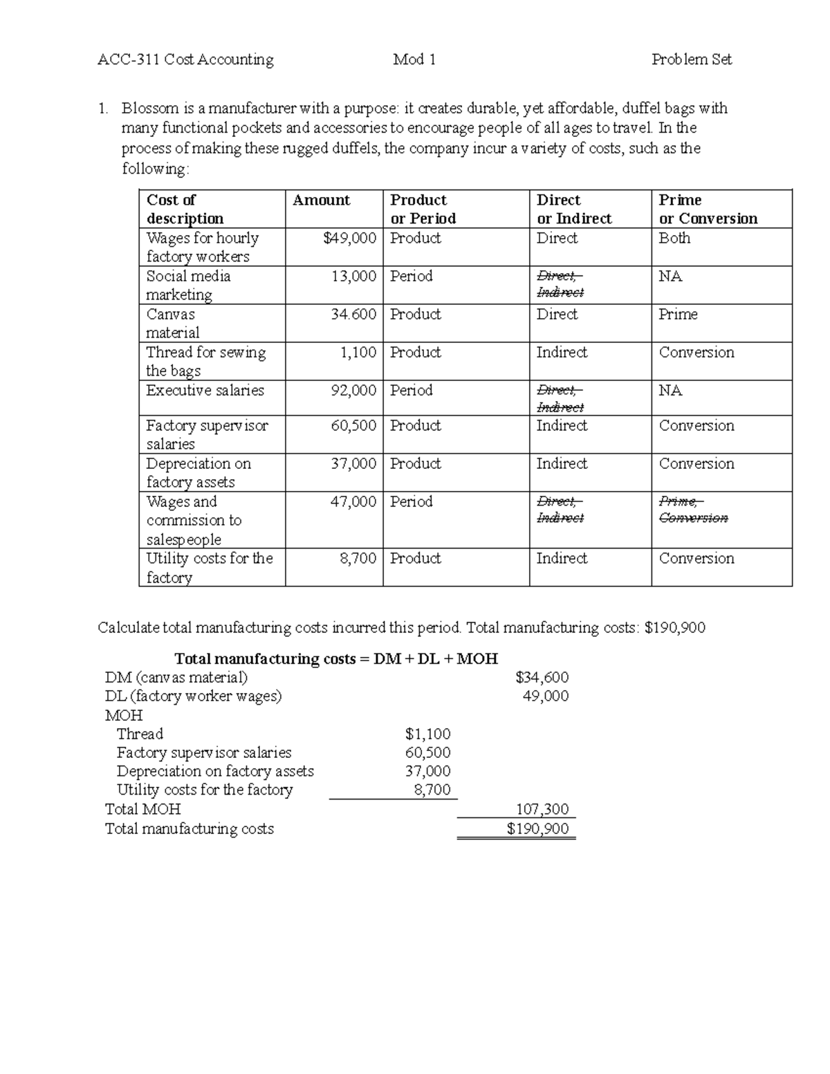 1-2 Problem Set: Cost Analysis and Manufacturing Expenses - Studocu