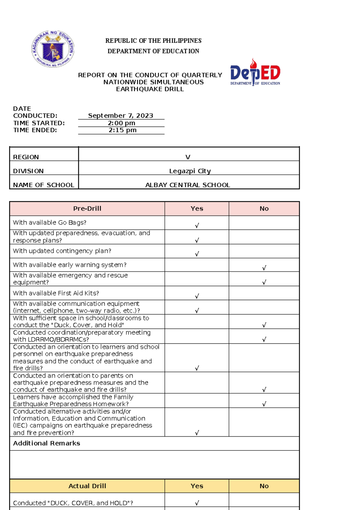 NSED-Quarterly Report on Earthquake Drill Conduct - Albay Central ...