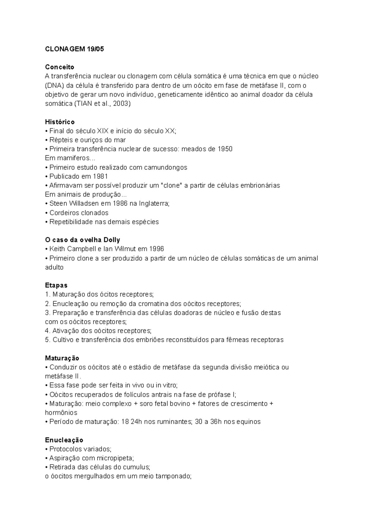 Biotec N2 - Resumo sobre Clonagem e Transferência Nuclear - Studocu