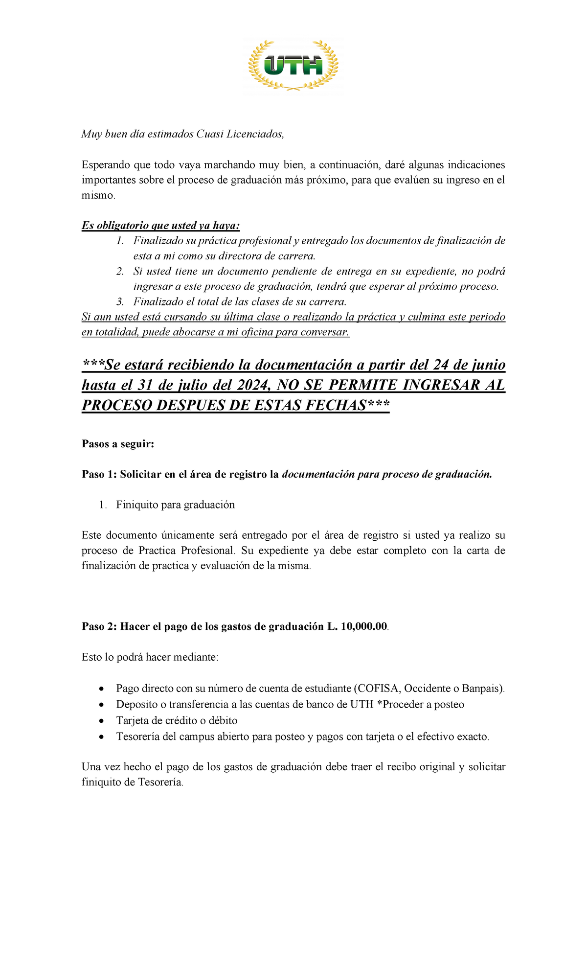 Instrucciones para el Proceso de Graduación 2024 - Facultad de Negocios ...