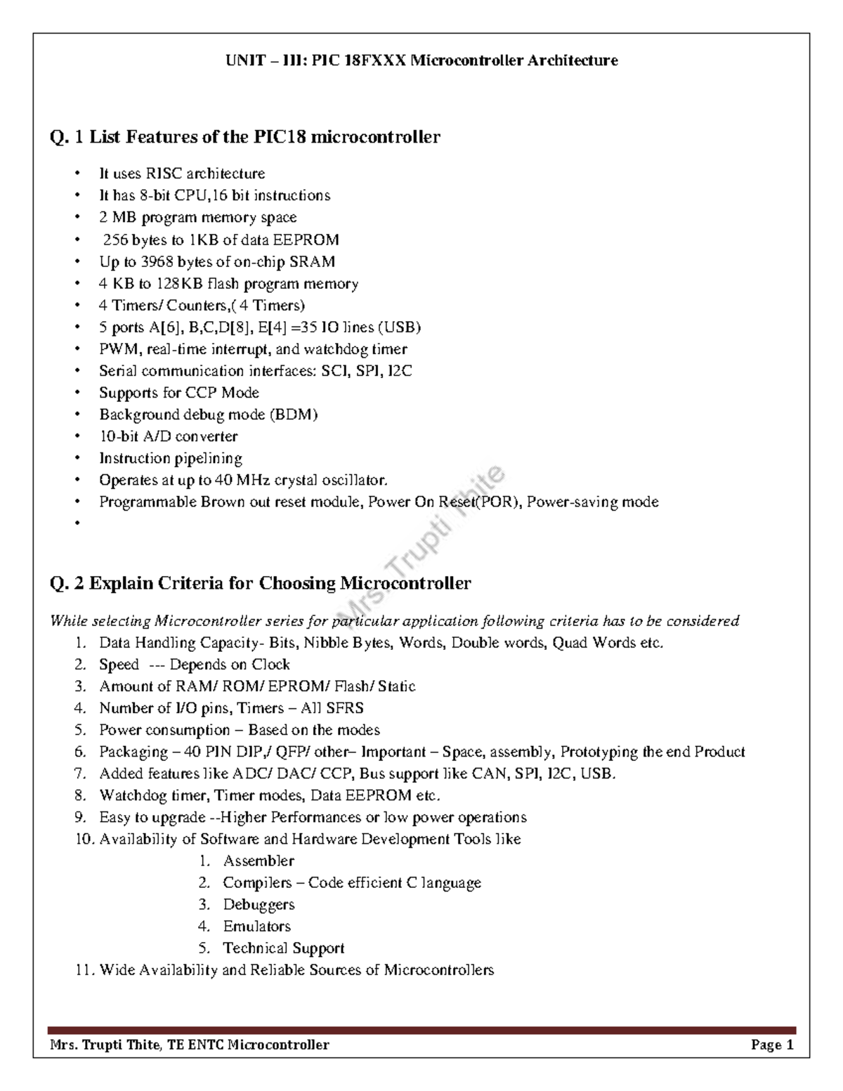 ENTC Microcontroller Architecture Notes: PIC18 Features & Comparisons ...