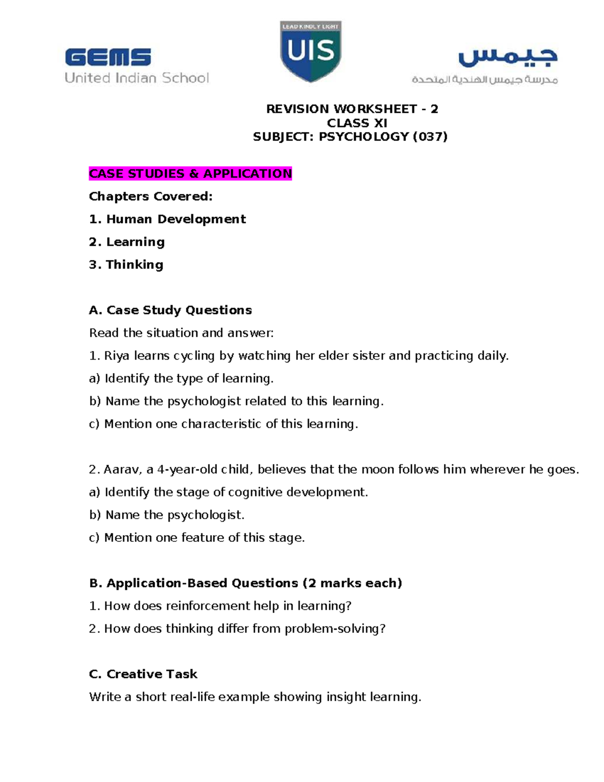 Psychology 037 Revision Worksheet 2 Case Studies Application Studocu