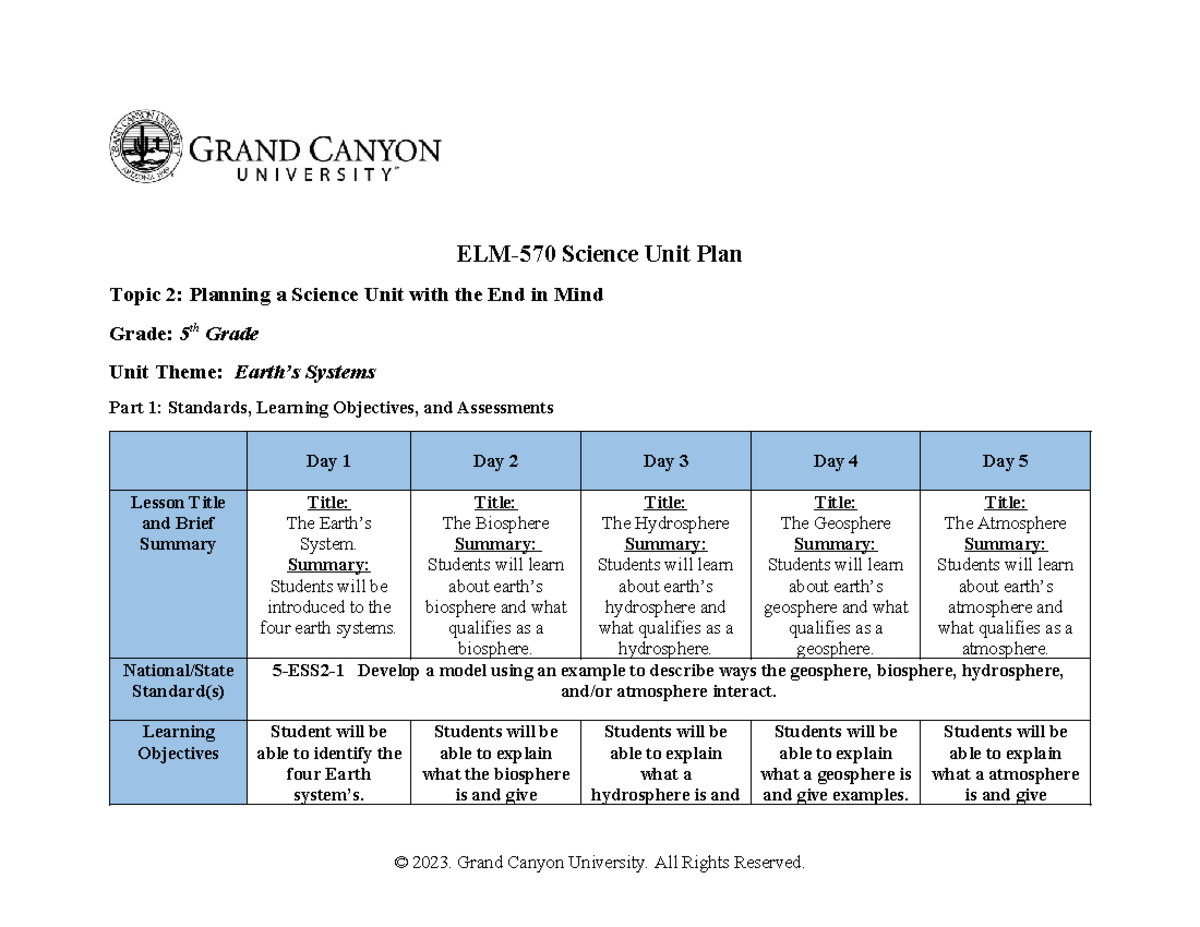 ELM-570 Earth Systems Unit Plan Template for 5th Grade - Studocu