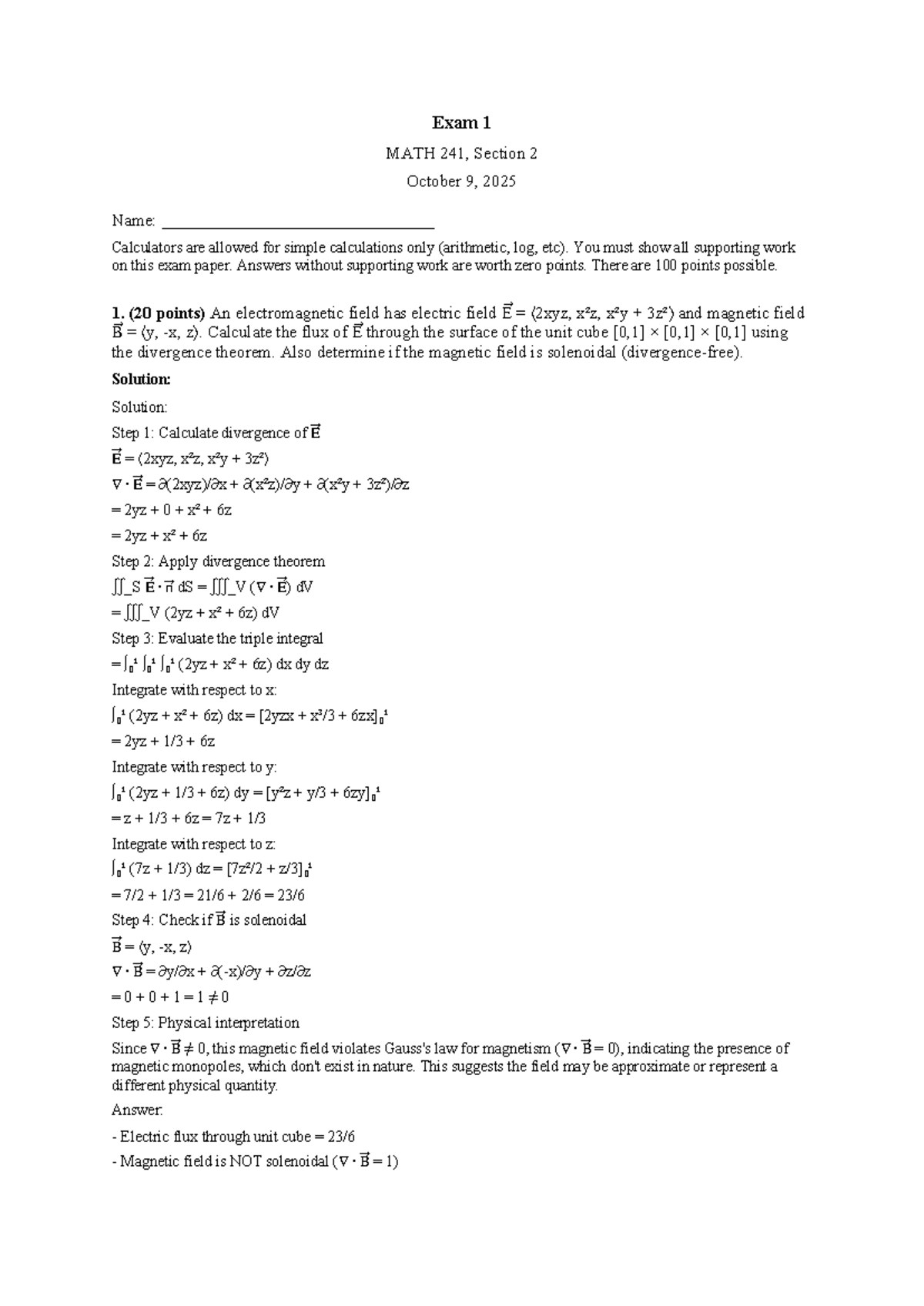 MATH 241 Exam 1 Solutions - Calculus Concepts and Applications - Studocu