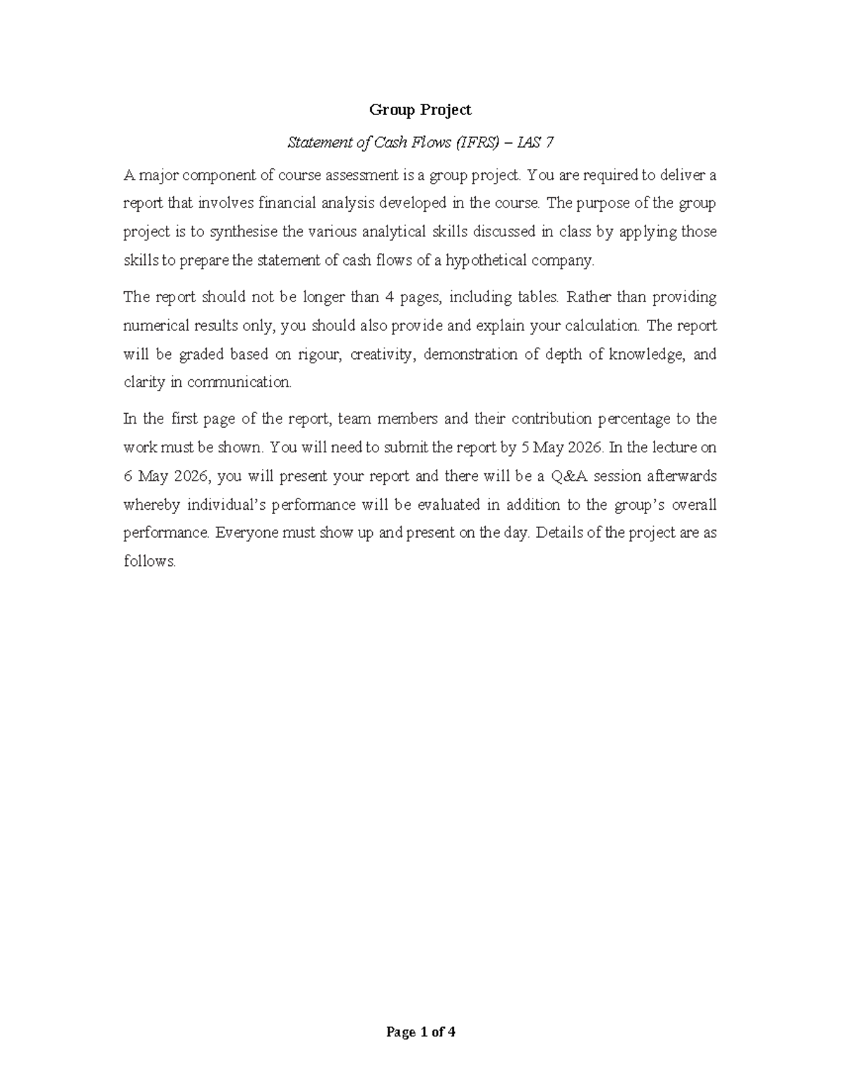 IAS 7 Group Project: Statement of Cash Flows for XYZ Global Trading Ltd ...