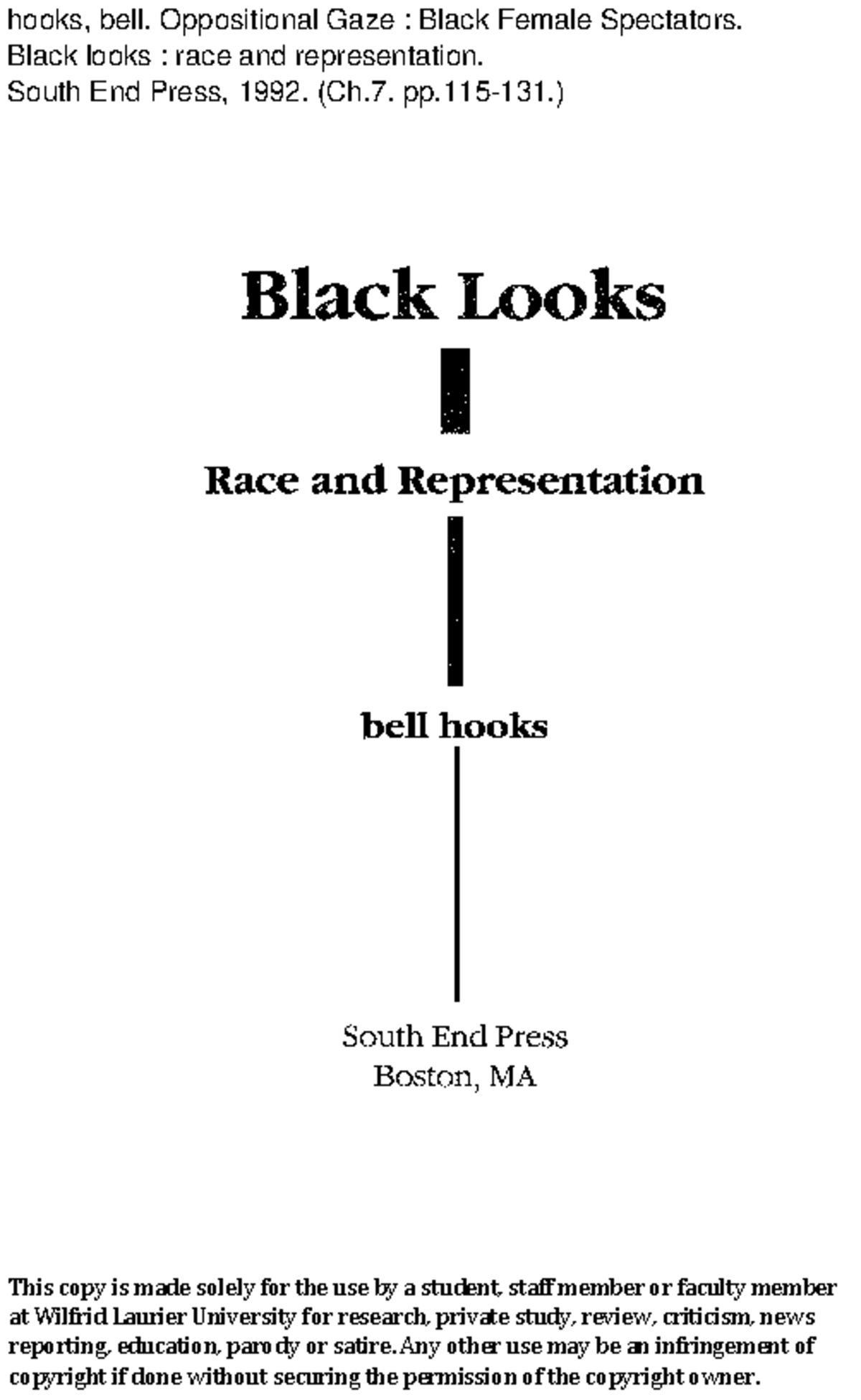 [hooks] The Oppositional Gaze - Black Looks I Race and Representation ...