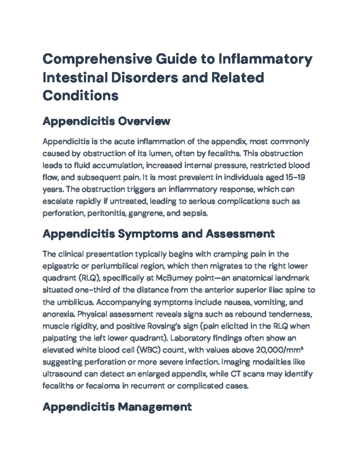 Comprehensive Guide to Appendicitis, Gastroenteritis, and IBD Management - Studocu