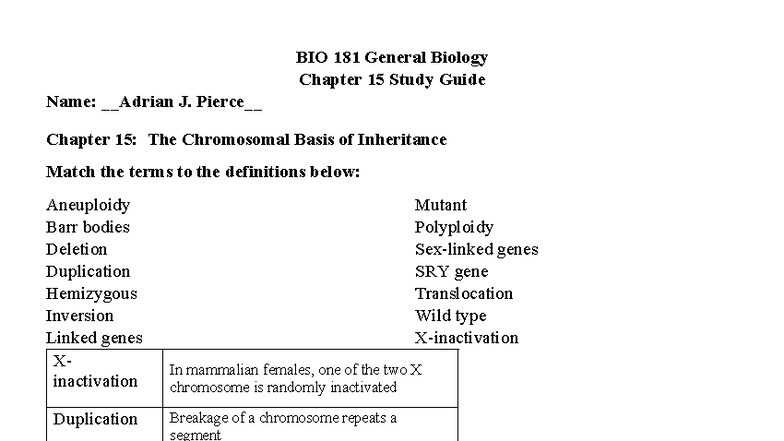 BIO 181 General Biology Chapter 15 Study Guide: Chromosomal Inheritance ...