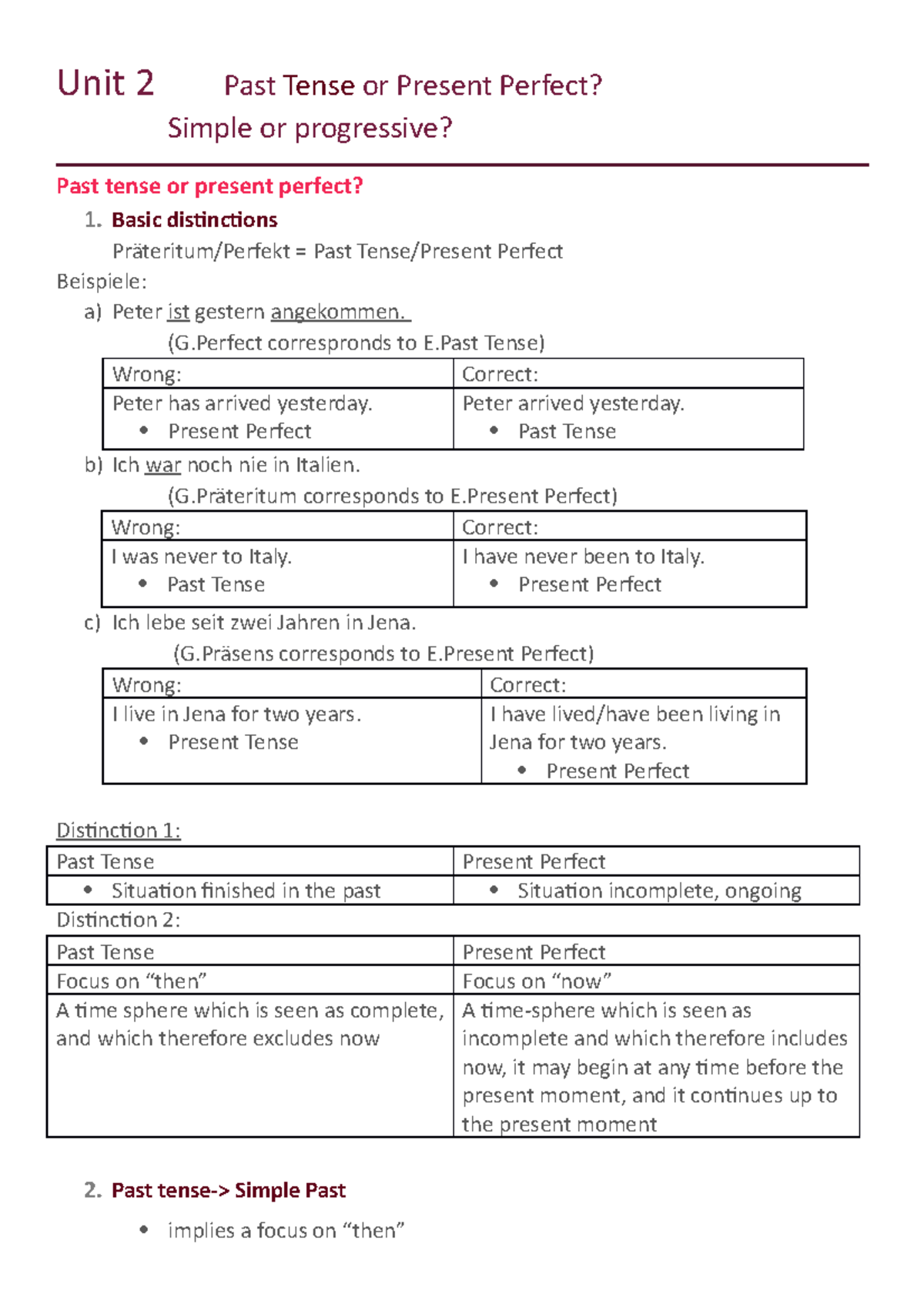 Unit 2 Past Tense or Present Perfect - Unit 2 Past Tense or Present ...