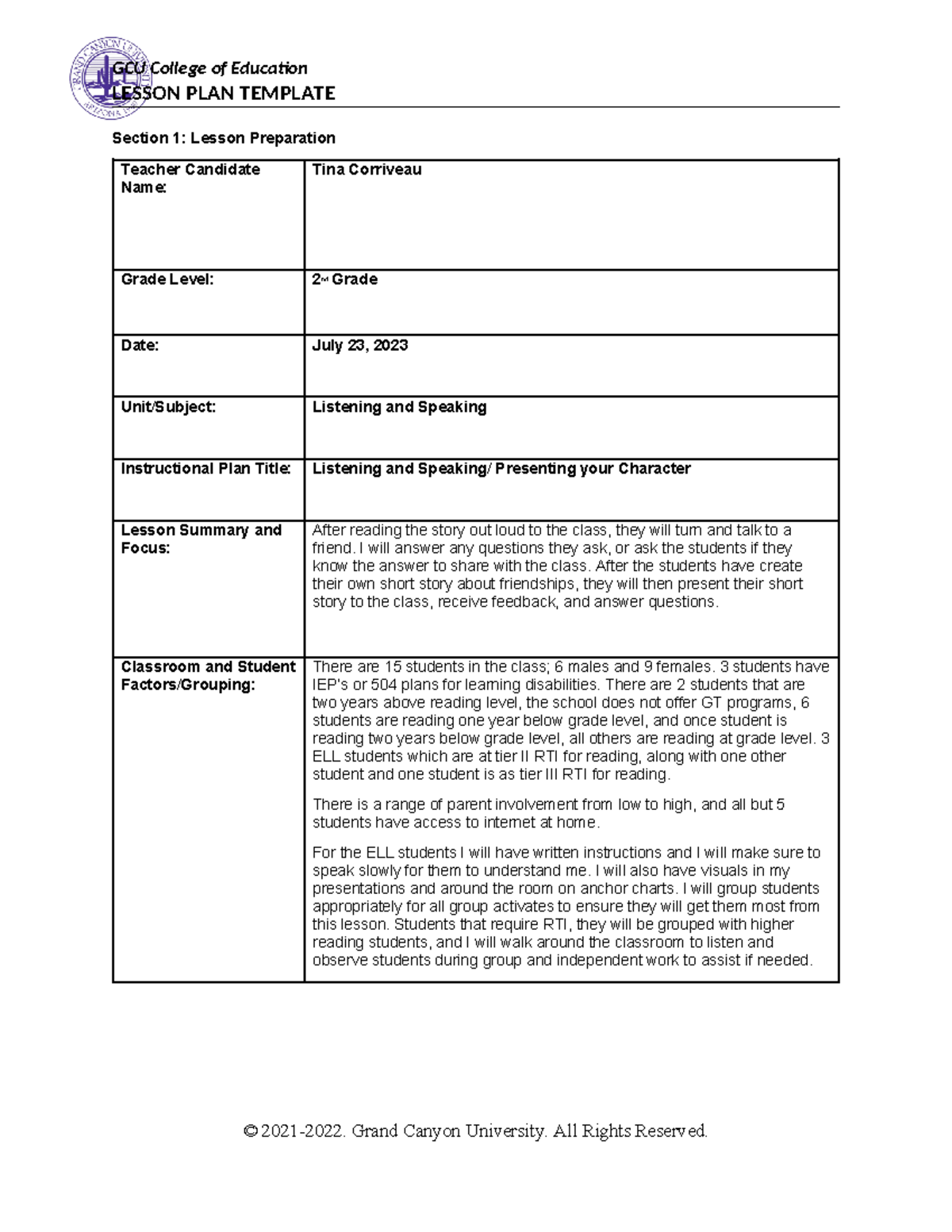Listening and Speaking Lesson Plan for 2nd Grade - Topic 5 - Studocu