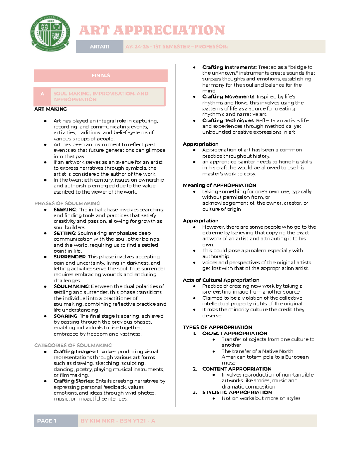 ARTA 111 - Final Exam Reviewer on Art Making & Appropriation - Studocu