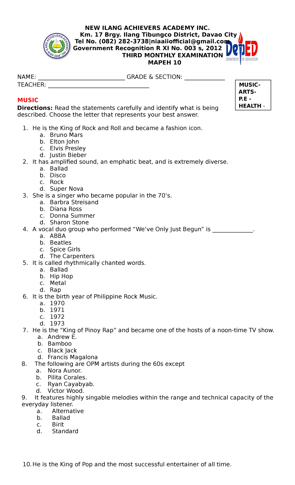 MAPEH 10 Third Monthly Exam: Music and Arts Assessment - Studocu