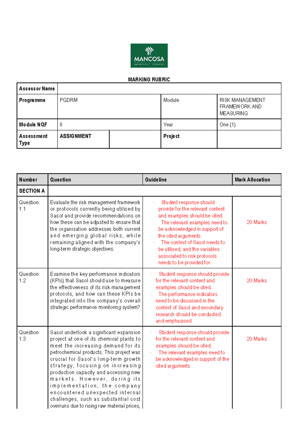PGDRM Risk Management Framework Assignment Rubric - Jan 2025 - Studocu