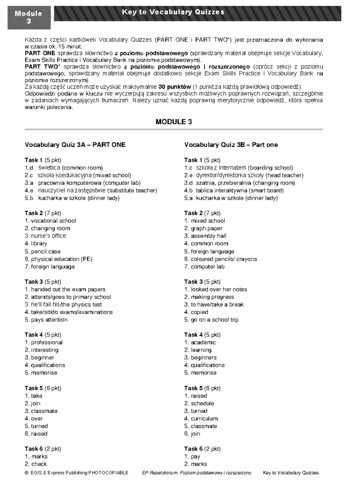 EP Repetytorium Module 3 Vocabulary Quiz 3A & 3B Key - Studocu