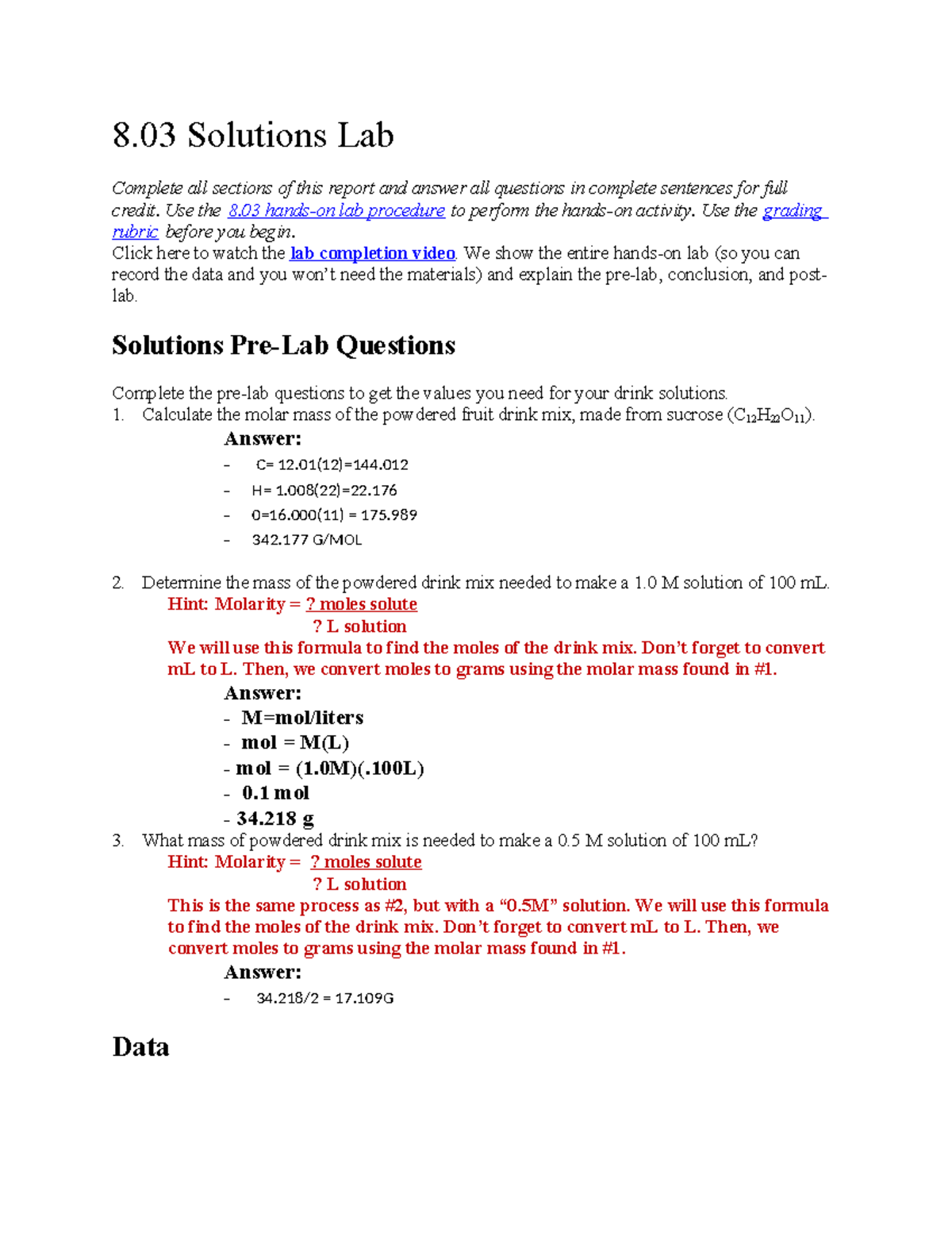 8.03 Solutions Lab Report: Molarity Calculations & Observations - Studocu