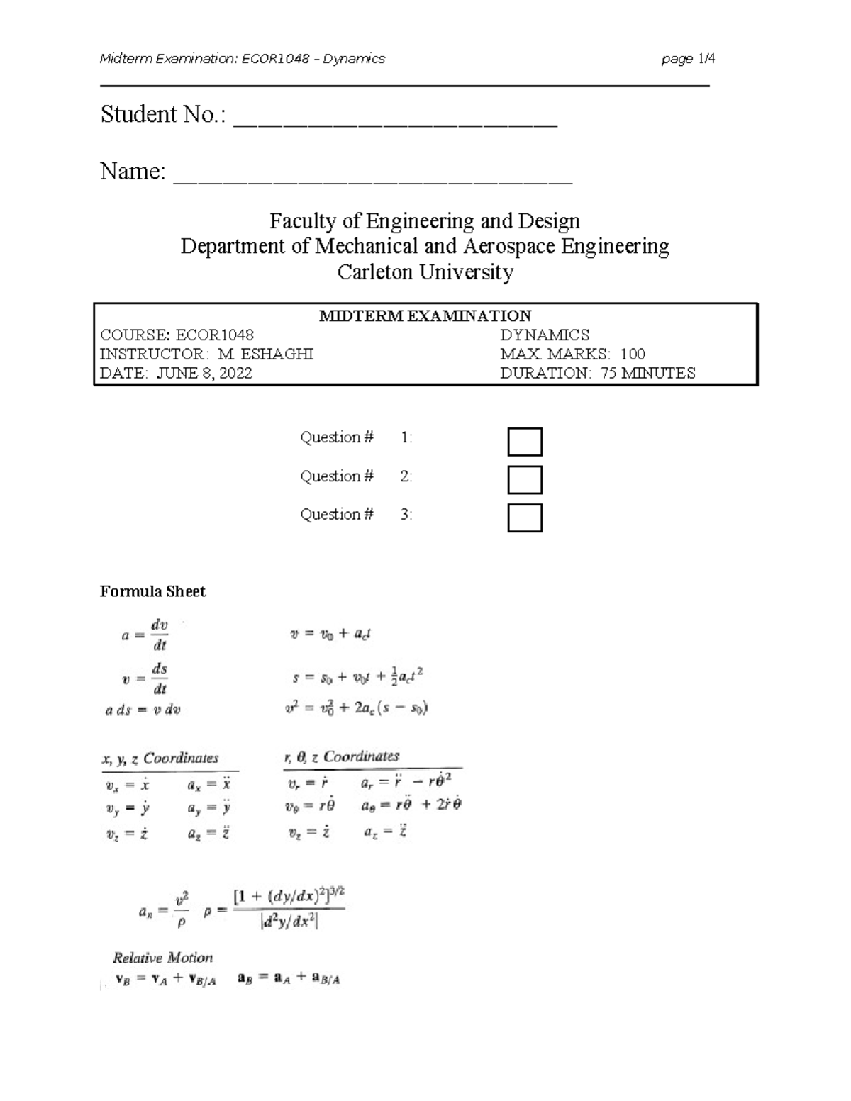 Midterm Exam Review: ECOR1048 Dynamics Insights and Solutions - Studocu