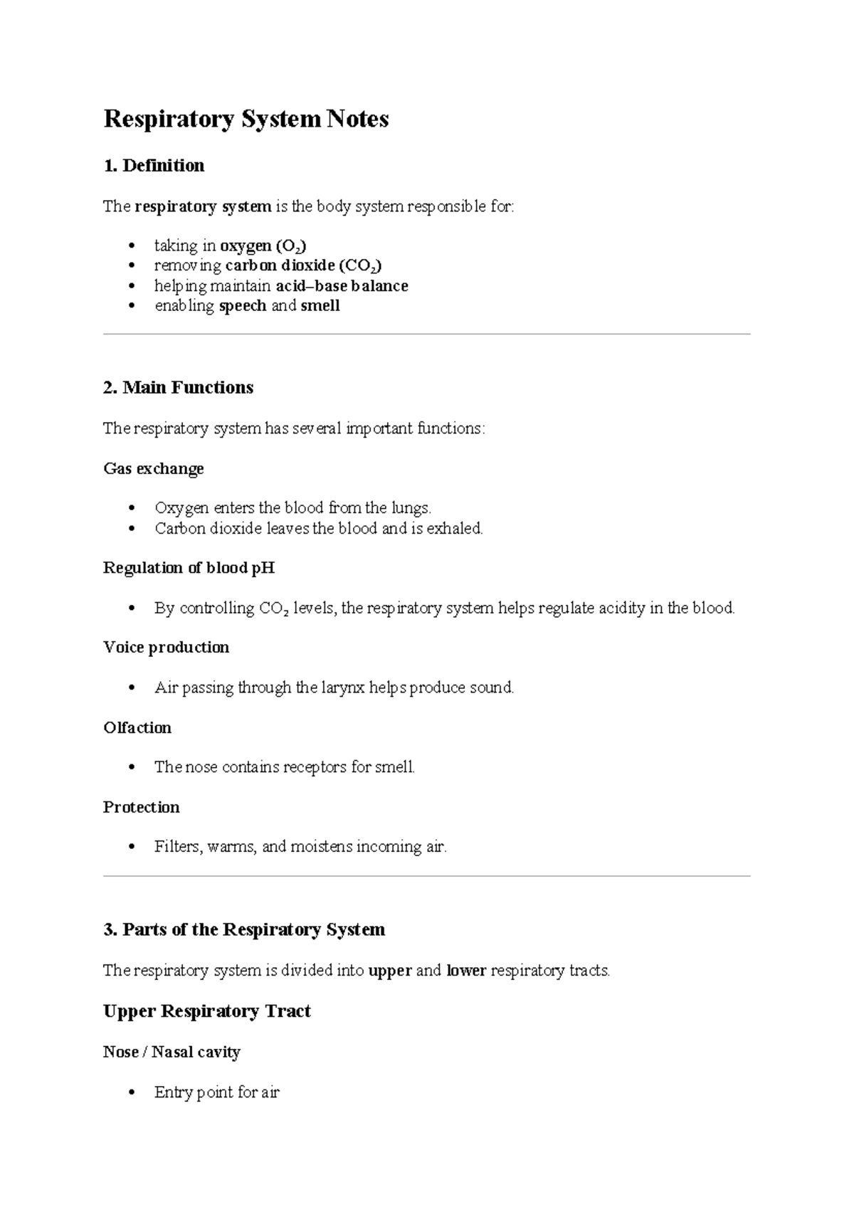 Respiratory System Notes: Functions, Parts, and Mechanisms - Studocu