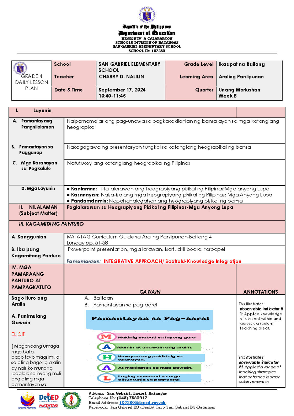COT-AP 4 - Week 8 Daily Lesson Plan on Heograpiyang Pisikal ng Bansa ...