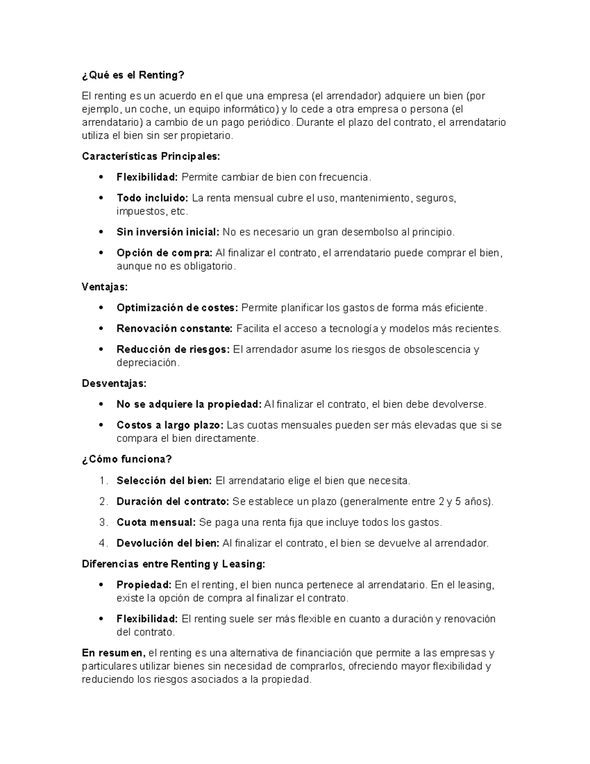 Contrato de Renting: Resumen y Características Clave - Studocu