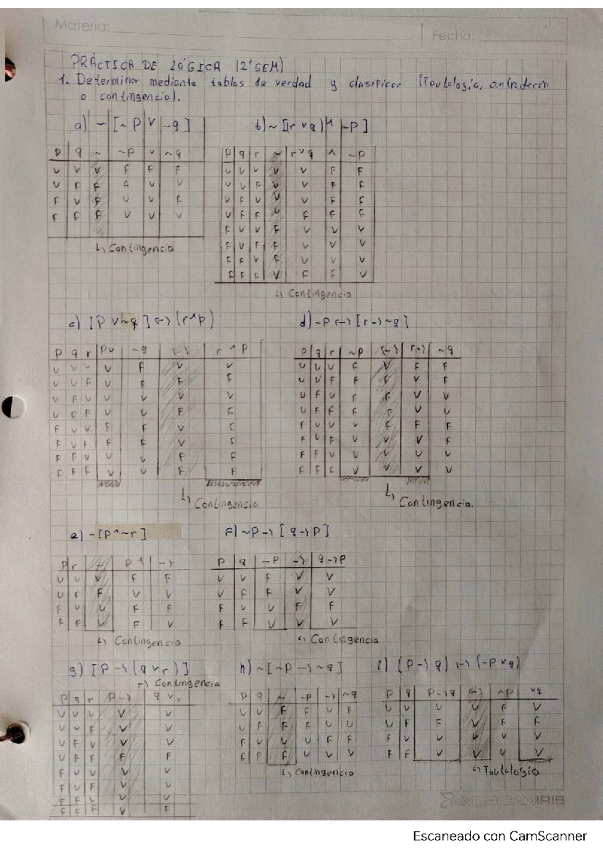 Práctica de Lógica (2*SEM) - Tablas de Verdad y Clasificación - Studocu