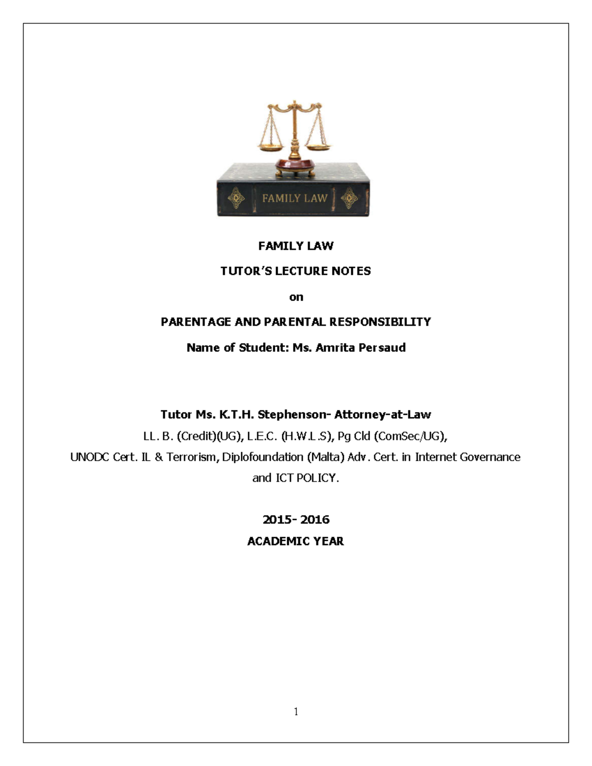 Family Law Lecture Notes on Parental Responsibility - LAW 5474 - Studocu