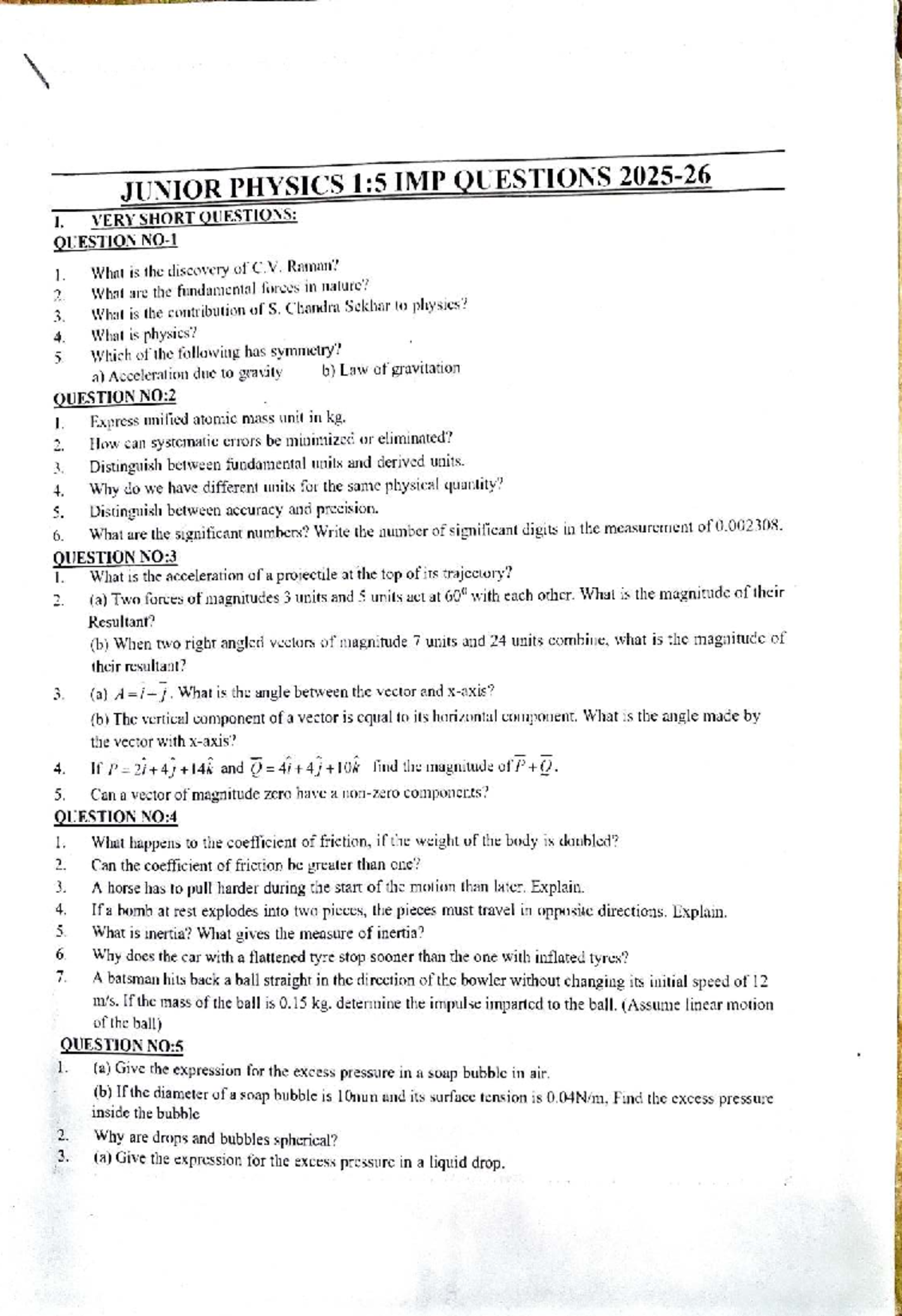 JUNIOR PHYSICS 1:5 IMP VERY SHORT QUESTIONS AND ANSWERS - Studocu