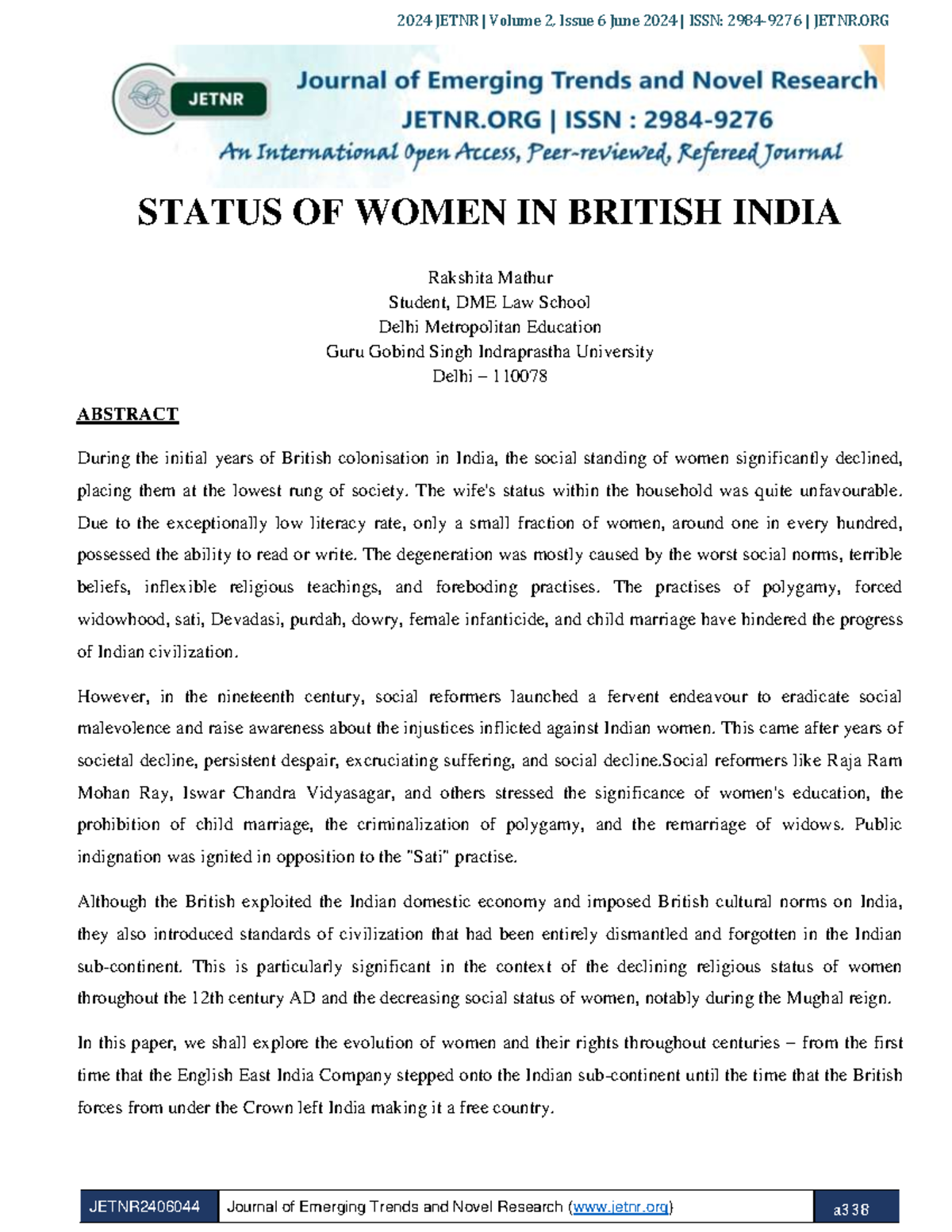 Status of Women in British India: A Historical Overview (JETNR 2024 ...