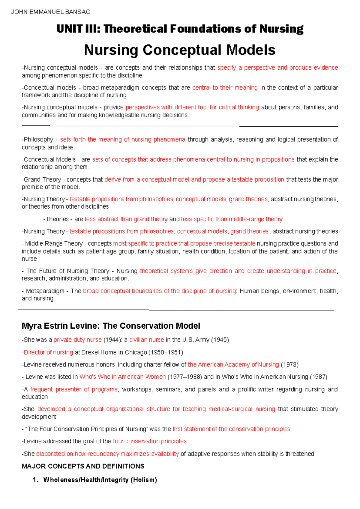 TFN Notes - UNIT III: Theoretical Foundations of Nursing Nursing ...