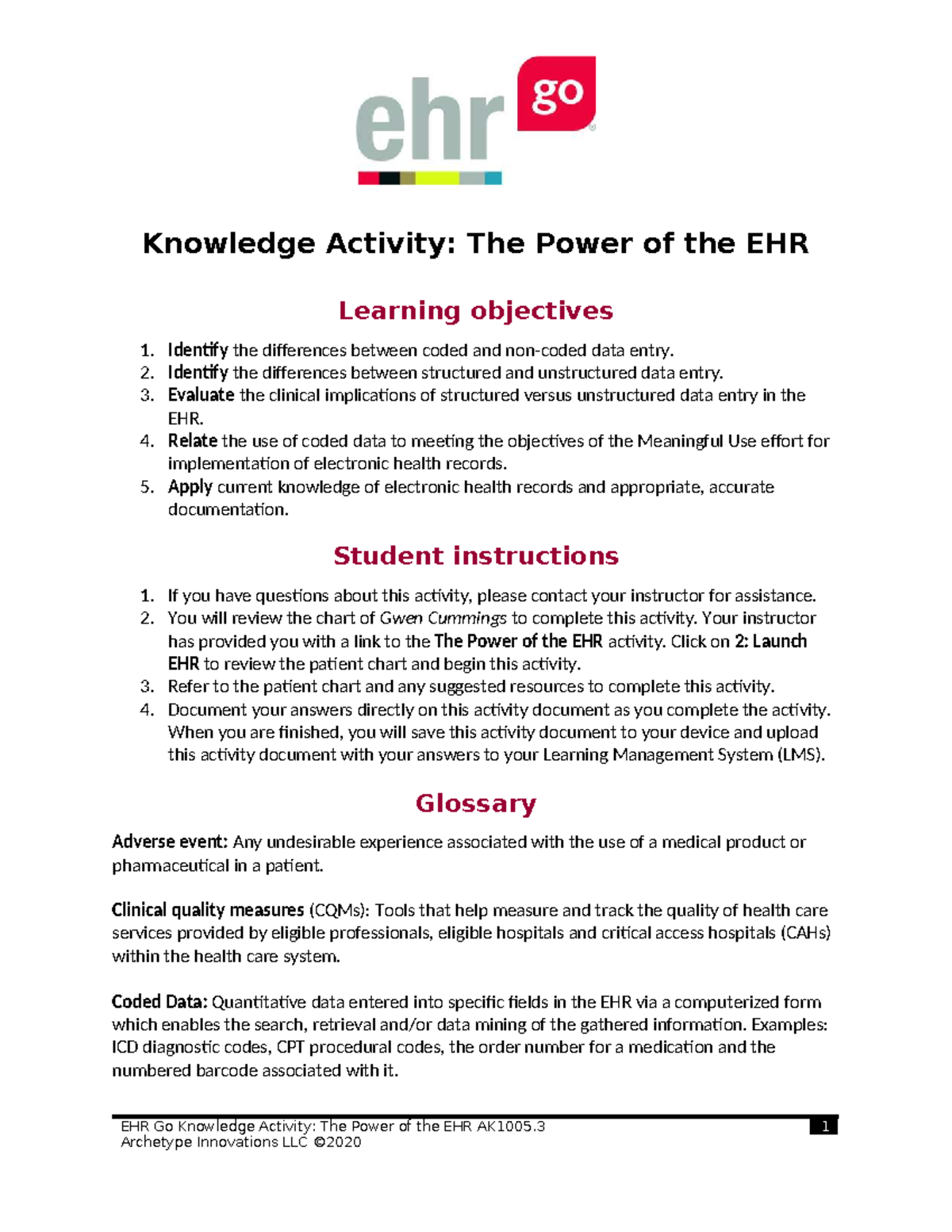EHR Go Knowledge Activity: Understanding Structured vs Unstructured Data - Studocu