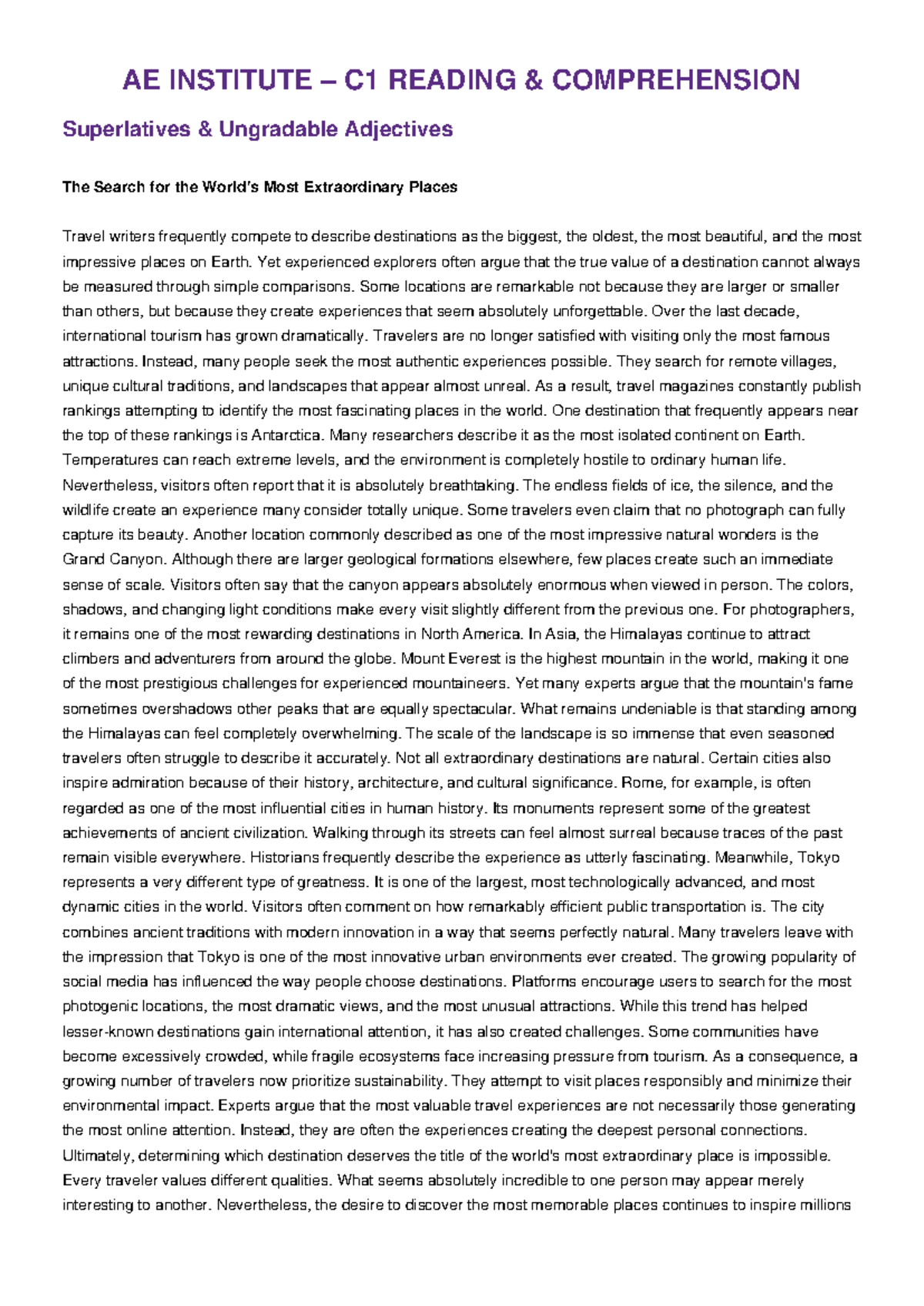 AE INSTITUTE C1 READING COMPREHENSION: Superlatives & Unique ...