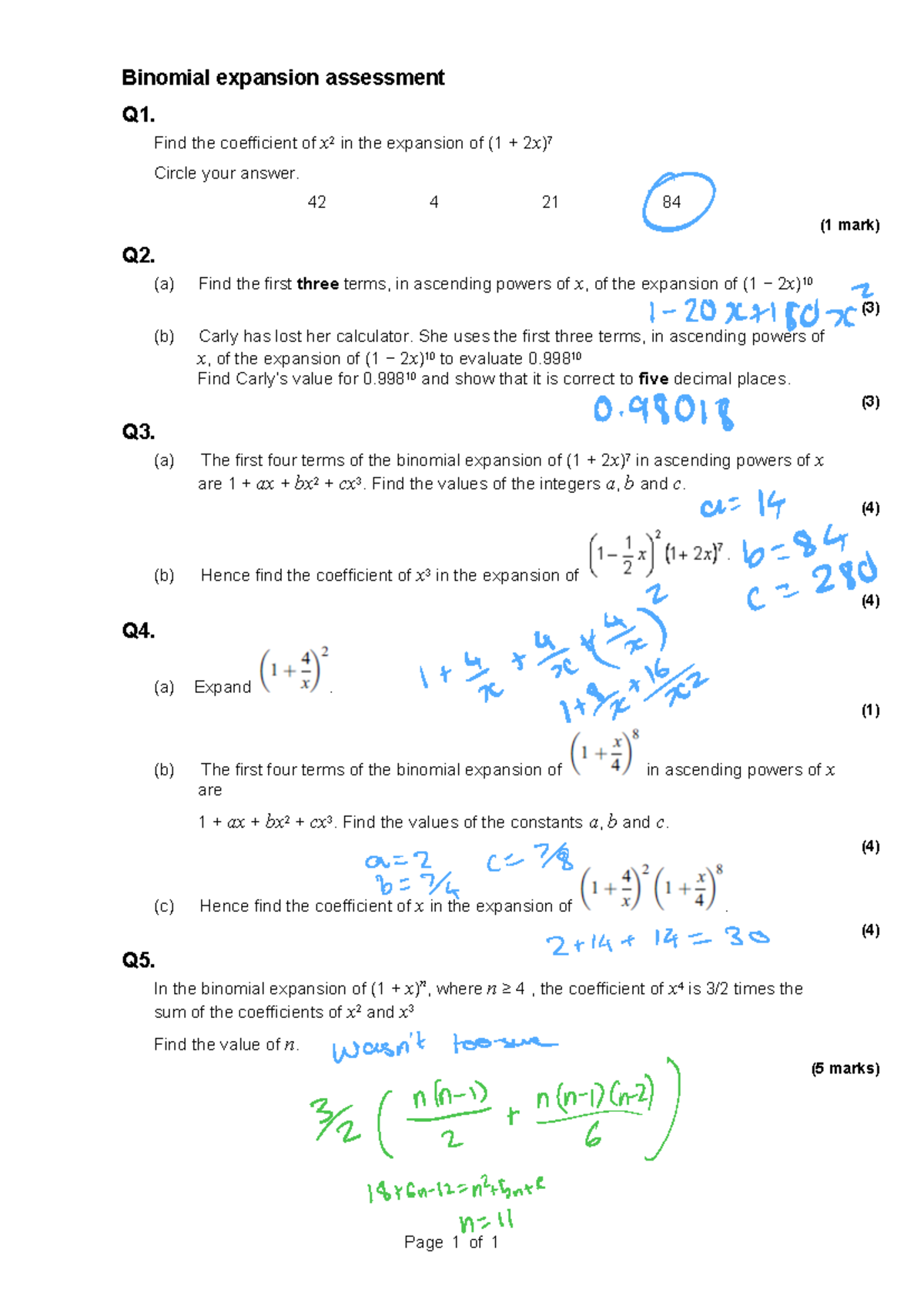 Binomial Expansion Assessment Q1-Q5 Solutions - Studocu