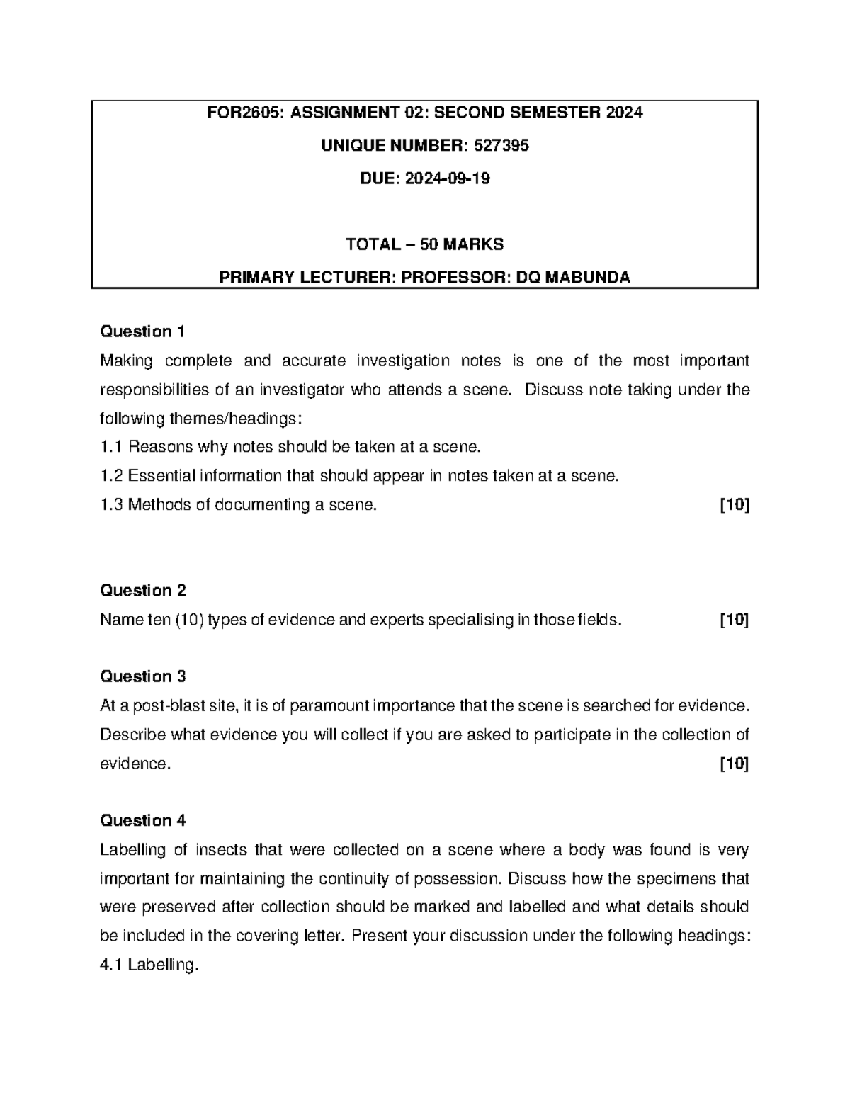 FOR2605 Assignment 02 Second Semester 2024 - FOR260 5 : ASSIGNMENT 0 2 : SECOND SEMESTER 2024 ...